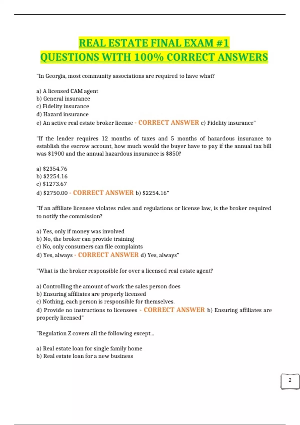 REAL ESTATE FINAL EXAM #1 QUESTIONS WITH 100% CORRECT ANSWERS - Real ...