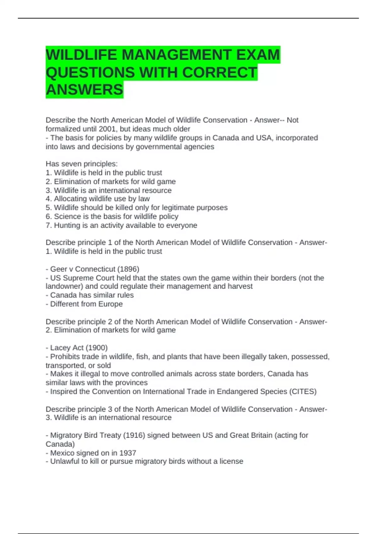 WILDLIFE MANAGEMENT EXAM QUESTIONS WITH CORRECT ANSWERS - Wildlife ...