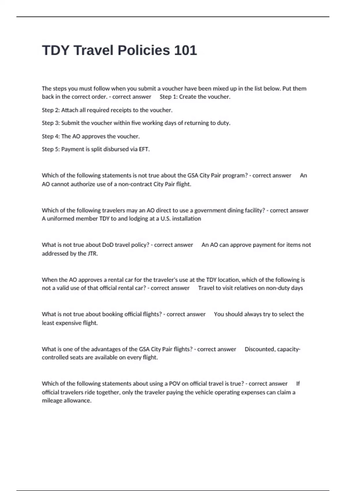 TDY Travel Policies 101 Exam Questions With Correct Detailed Answers 100% Verified. - TDY ...