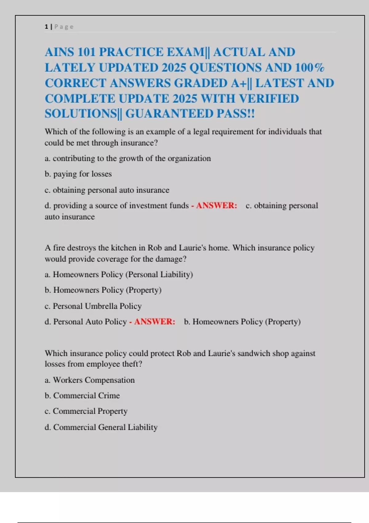 AINS 101 PRACTICE EXAM|| ACTUAL AND LATELY UPDATED 2025 QUESTIONS AND ...