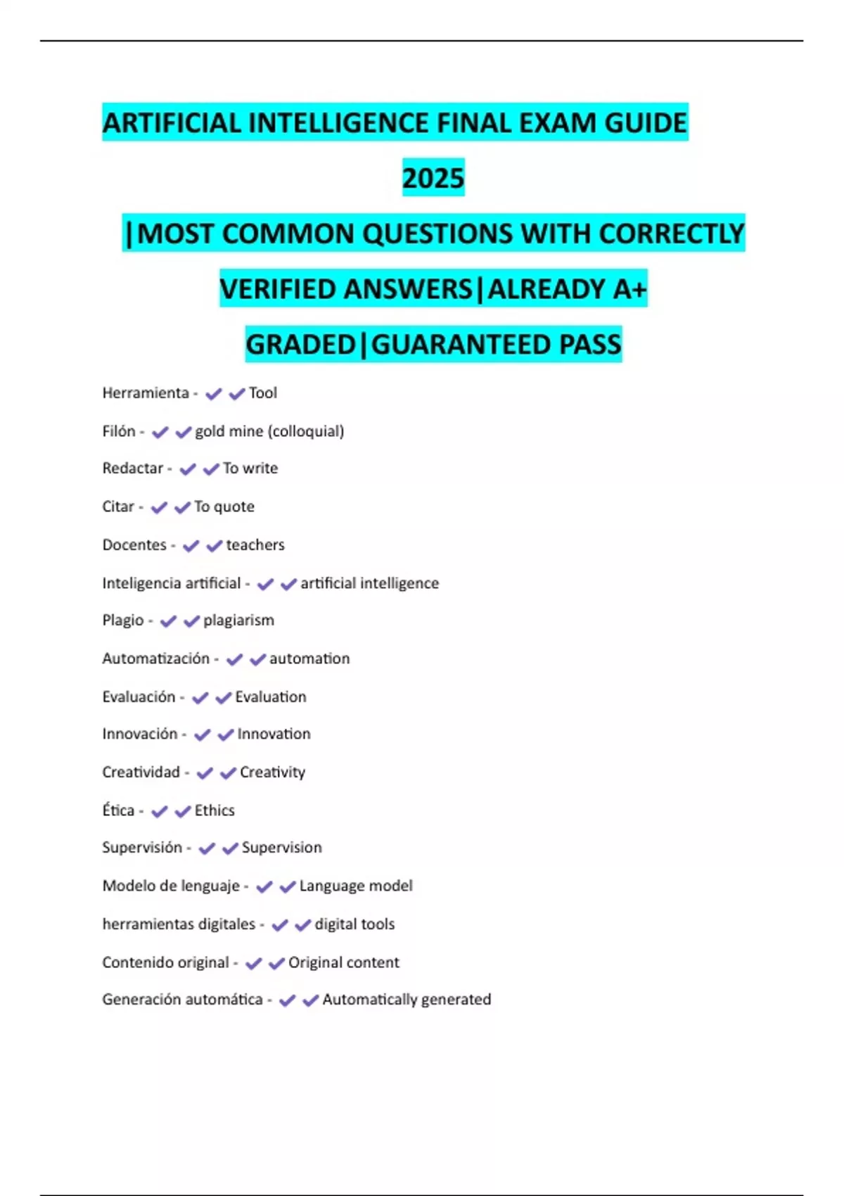 ARTIFICIAL INTELLIGENCE FINAL EXAM GUIDE 2025 |MOST COMMON QUESTIONS WITH CORRECTLY VERIFIED ...