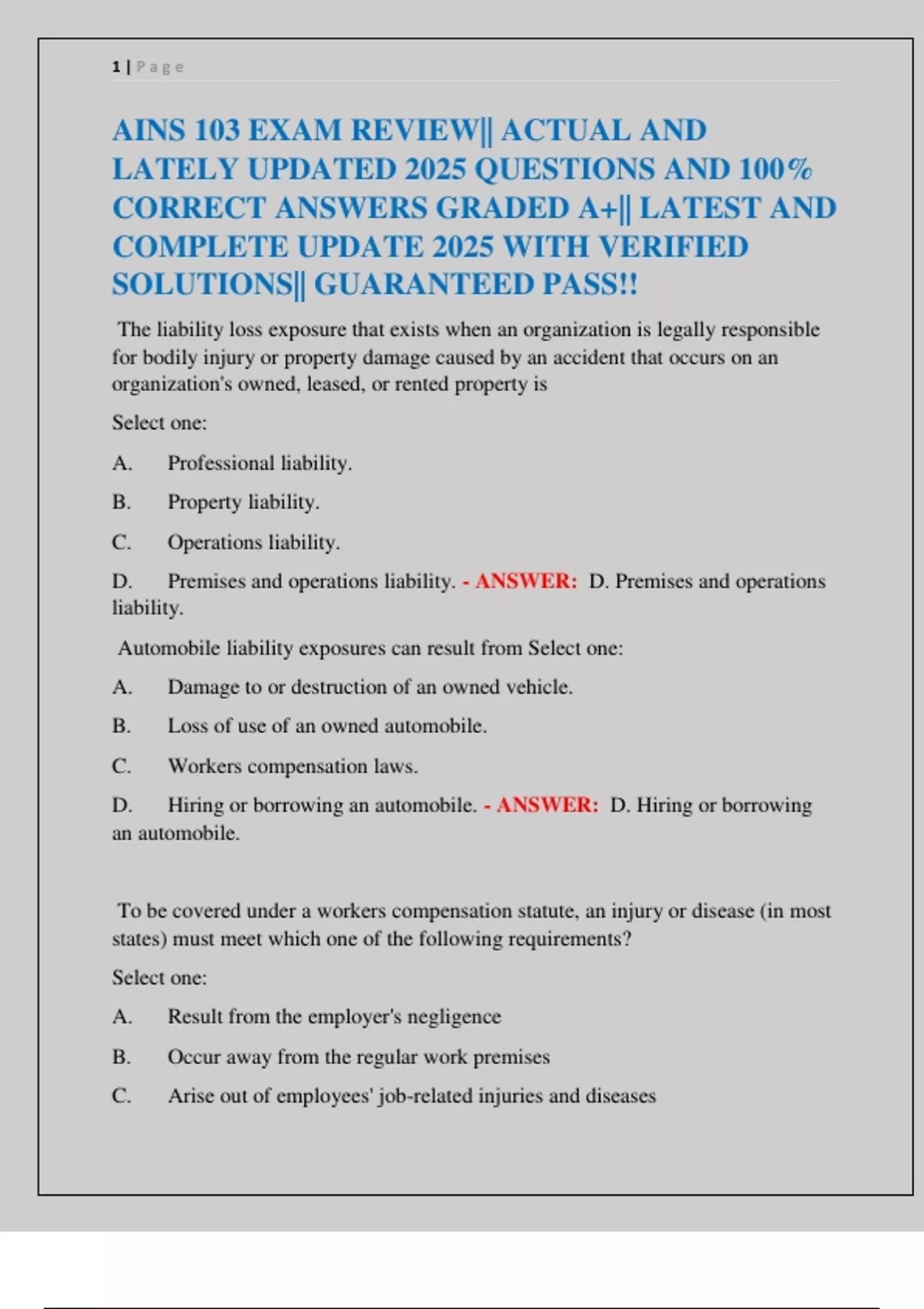 AINS 103 EXAM REVIEW|| ACTUAL AND LATELY UPDATED 2025 QUESTIONS AND 100 ...