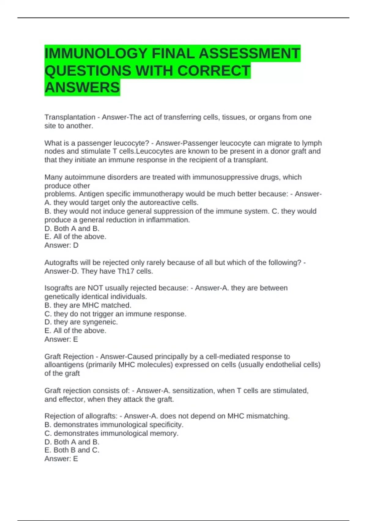 IMMUNOLOGY FINAL ASSESSMENT QUESTIONS WITH CORRECT ANSWERS - Veterinary Immunology - Stuvia US