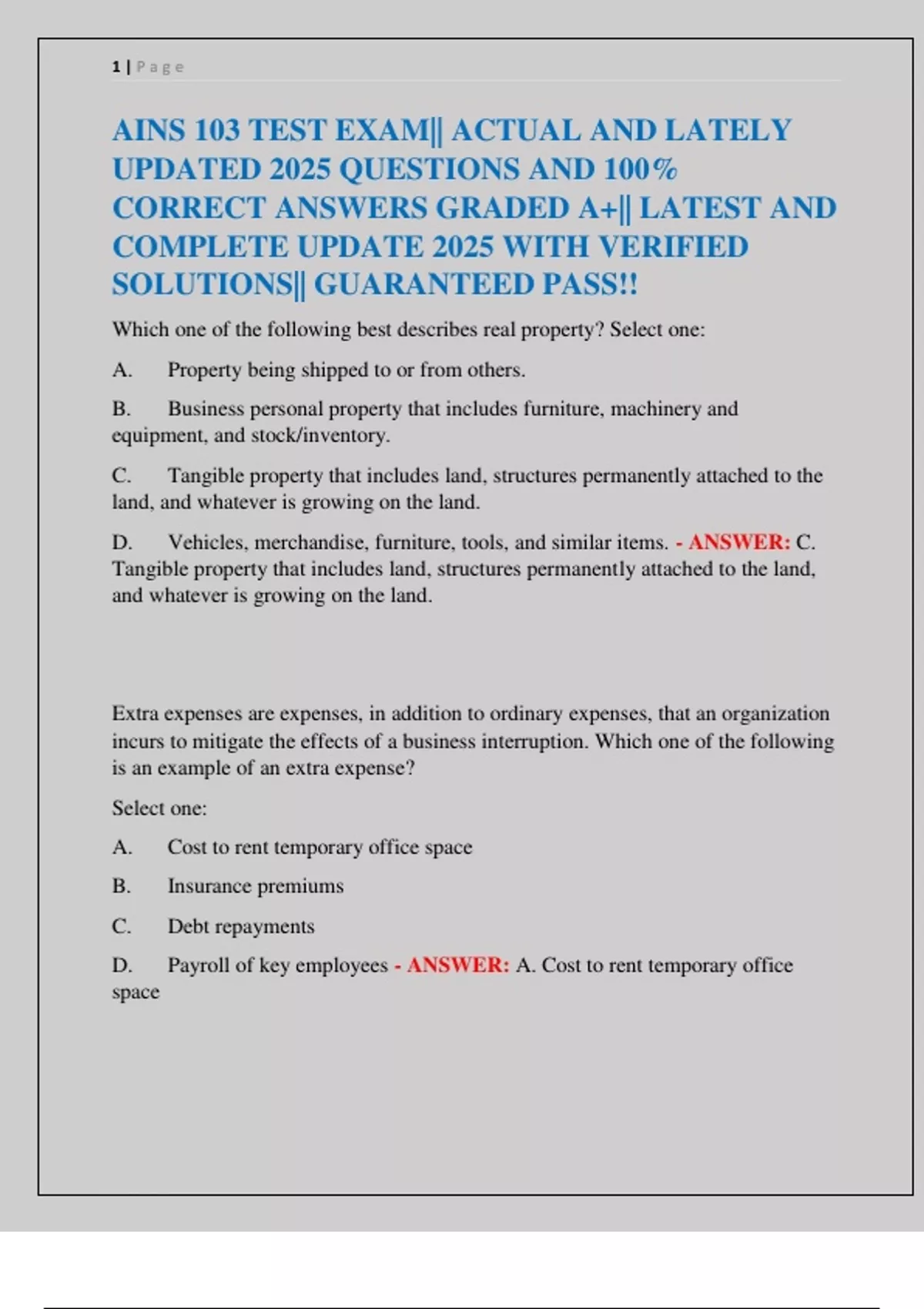 AINS 103 TEST EXAM|| ACTUAL AND LATELY UPDATED 2025 QUESTIONS AND 100% ...