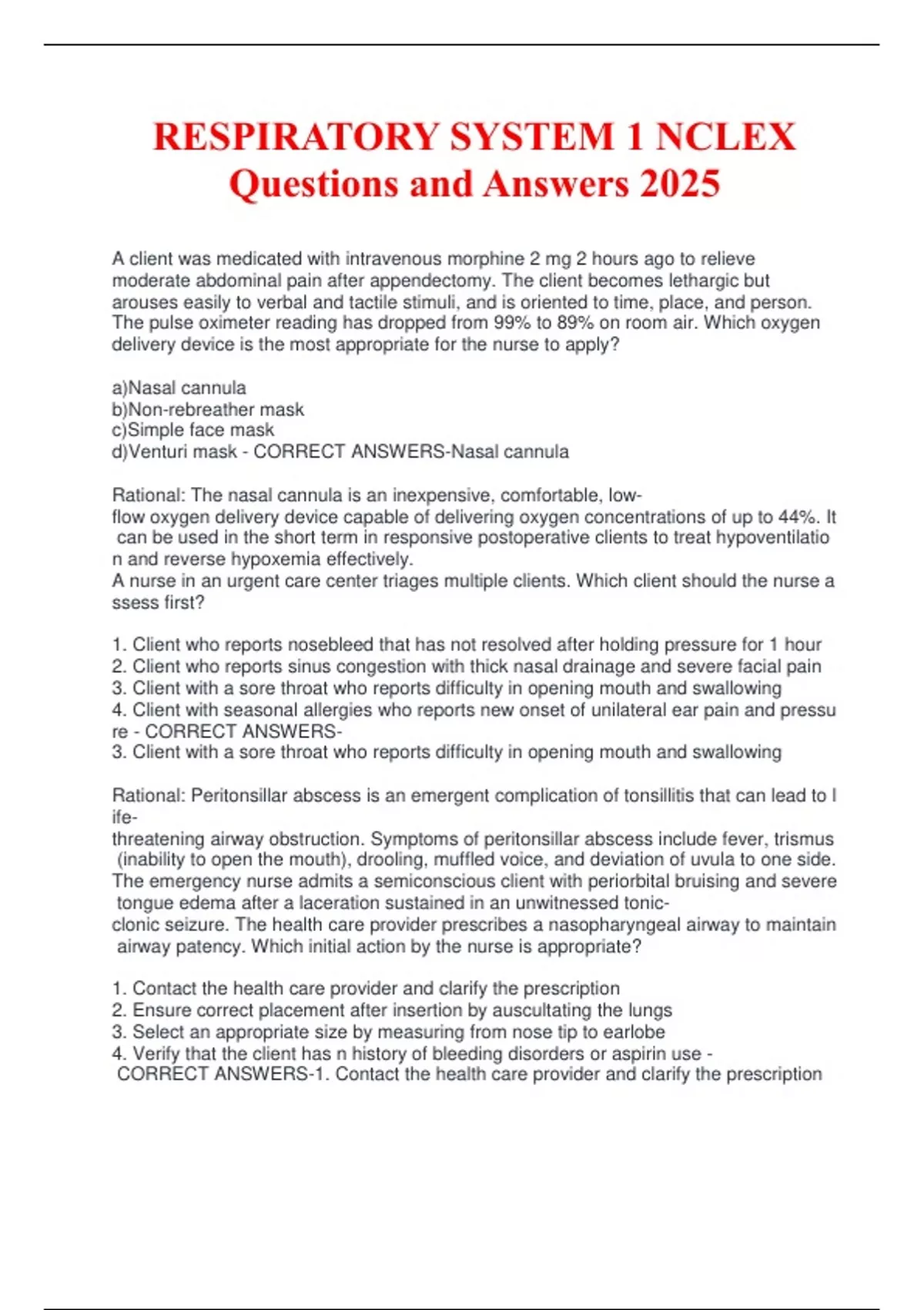 RESPIRATORY SYSTEM 1 NCLEX Questions and Answers 2025 - Shadow Health ...