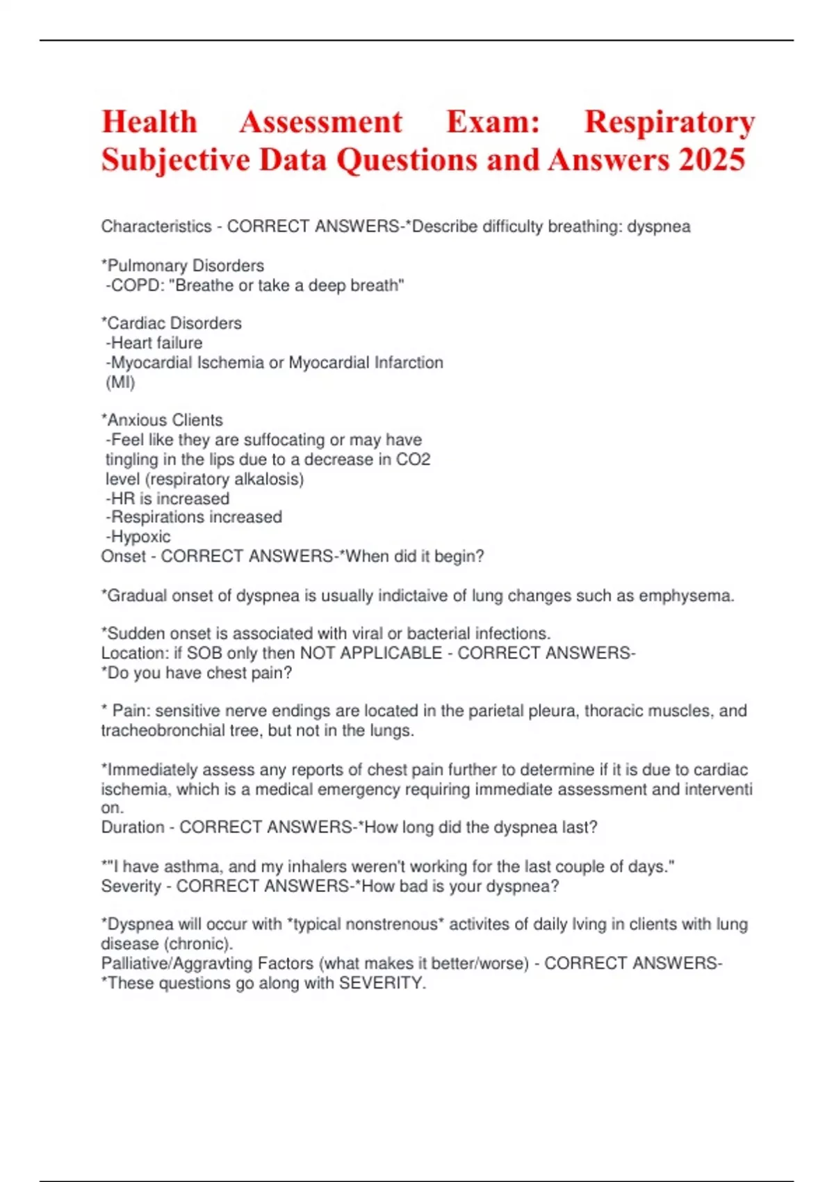 Health Assessment Exam: Respiratory Subjective Data Questions and Answers 2025 - Shadow Health ...