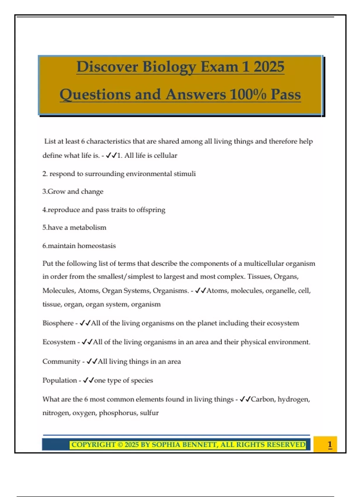 Discover Biology Exam 1 2025 Questions and Answers 100% Pass - Discover ...