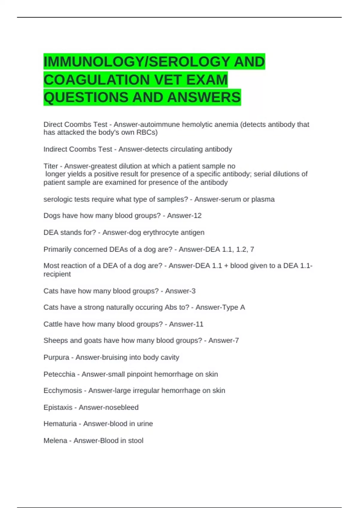 IMMUNOLOGY/SEROLOGY AND COAGULATION VET EXAM QUESTIONS AND ANSWERS - Veterinary Immunology ...