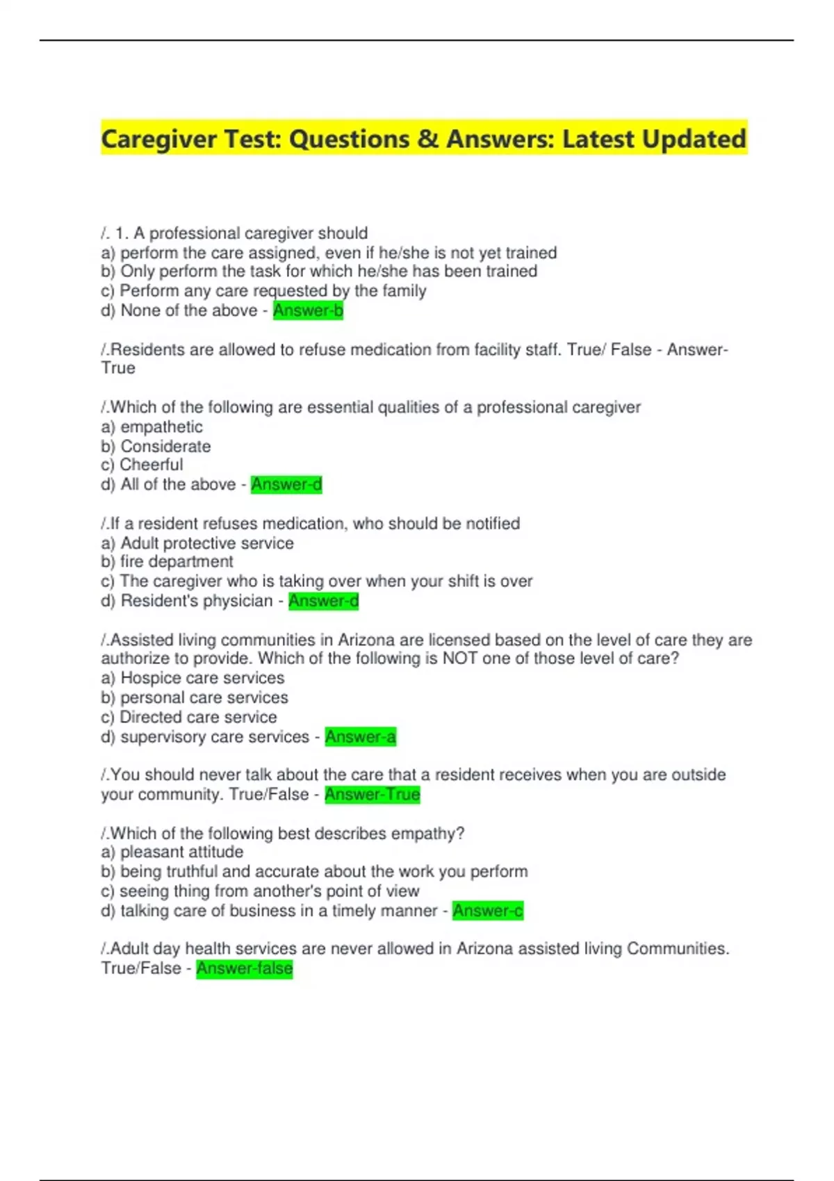 Caregiver Test: Questions & Answers: Latest Updated - Caregiver - Stuvia US