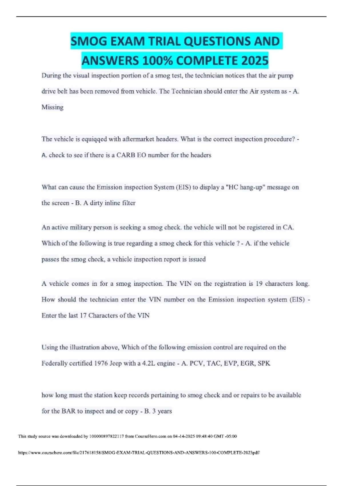 Smog Check Inspector Exam CA 2025 with All Questions and Answers - Smog ...