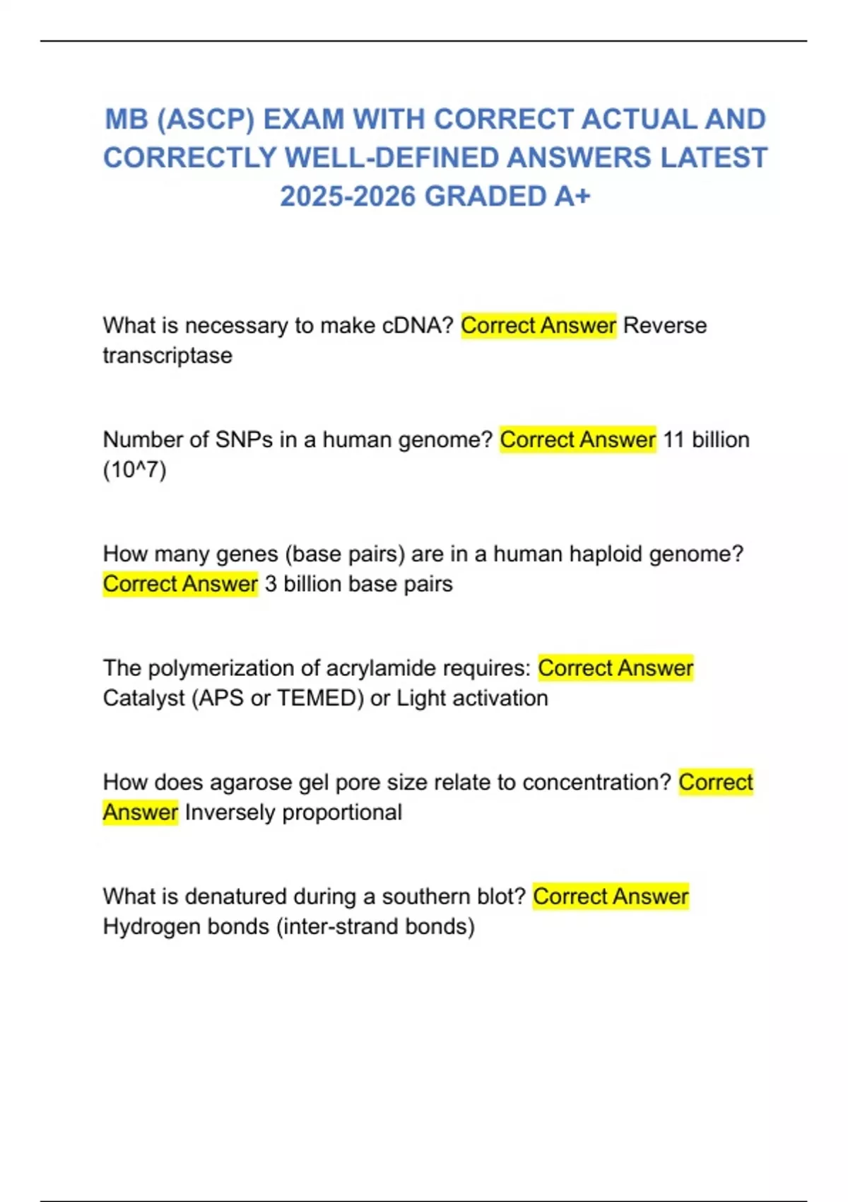 MB (ASCP) EXAM WITH CORRECT ACTUAL AND CORRECTLY WELL-DEFINED ANSWERS ...