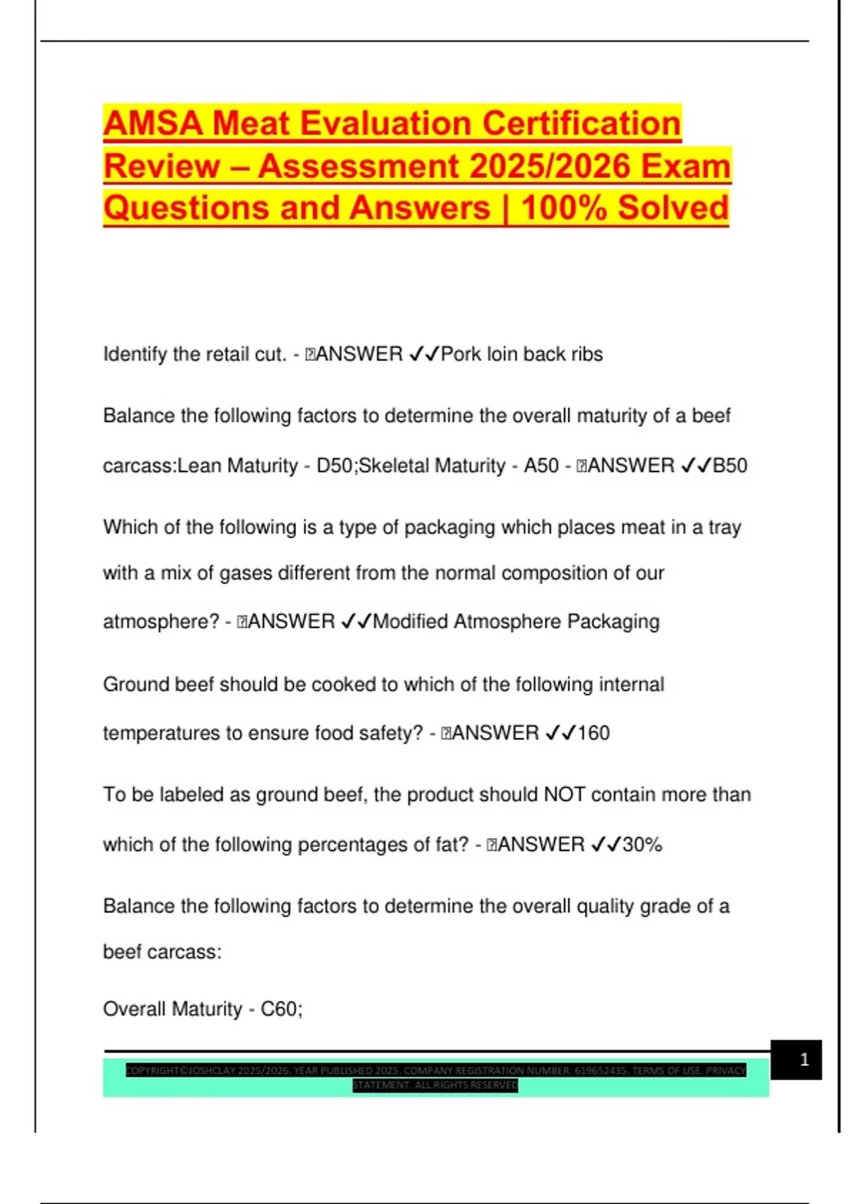 AMSA Meat Evaluation Certification Review – Assessment 2025/2026 Exam ...