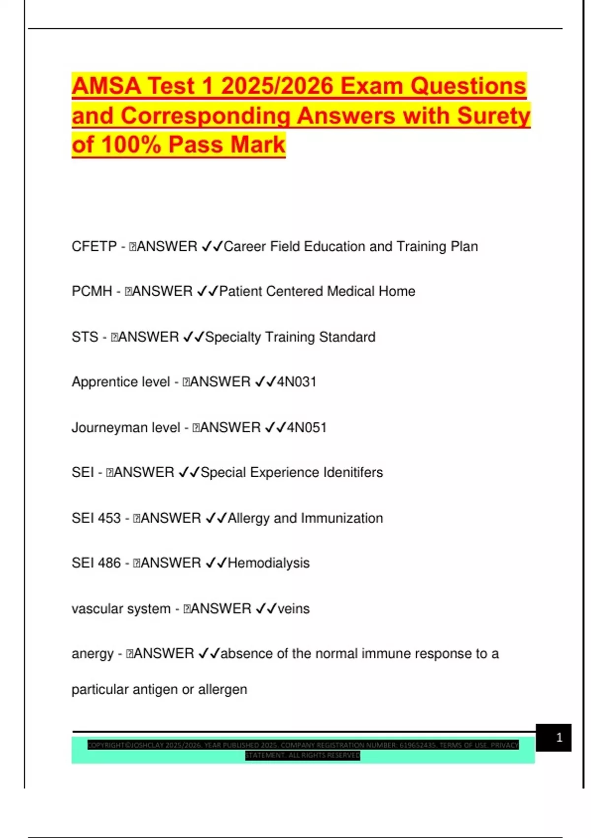AMSA Test 1 2025/2026 Exam Questions and Corresponding Answers with ...