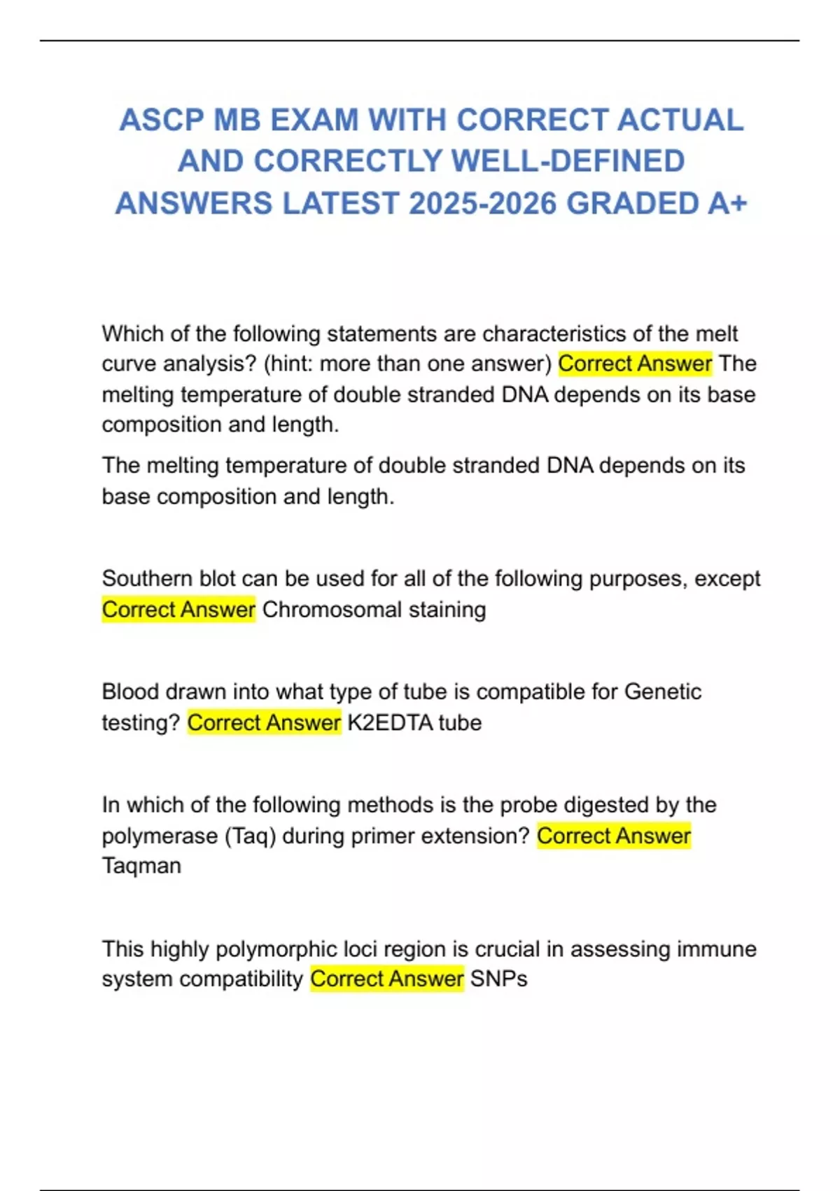 ASCP MB EXAM WITH CORRECT ACTUAL AND CORRECTLY WELL-DEFINED ANSWERS ...