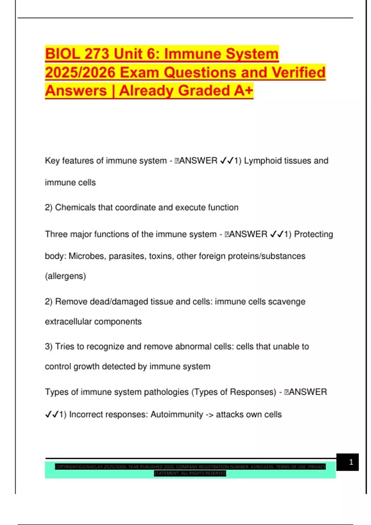 BIOL 273 Unit 6: Immune System 2025/2026 Exam Questions and Verified ...