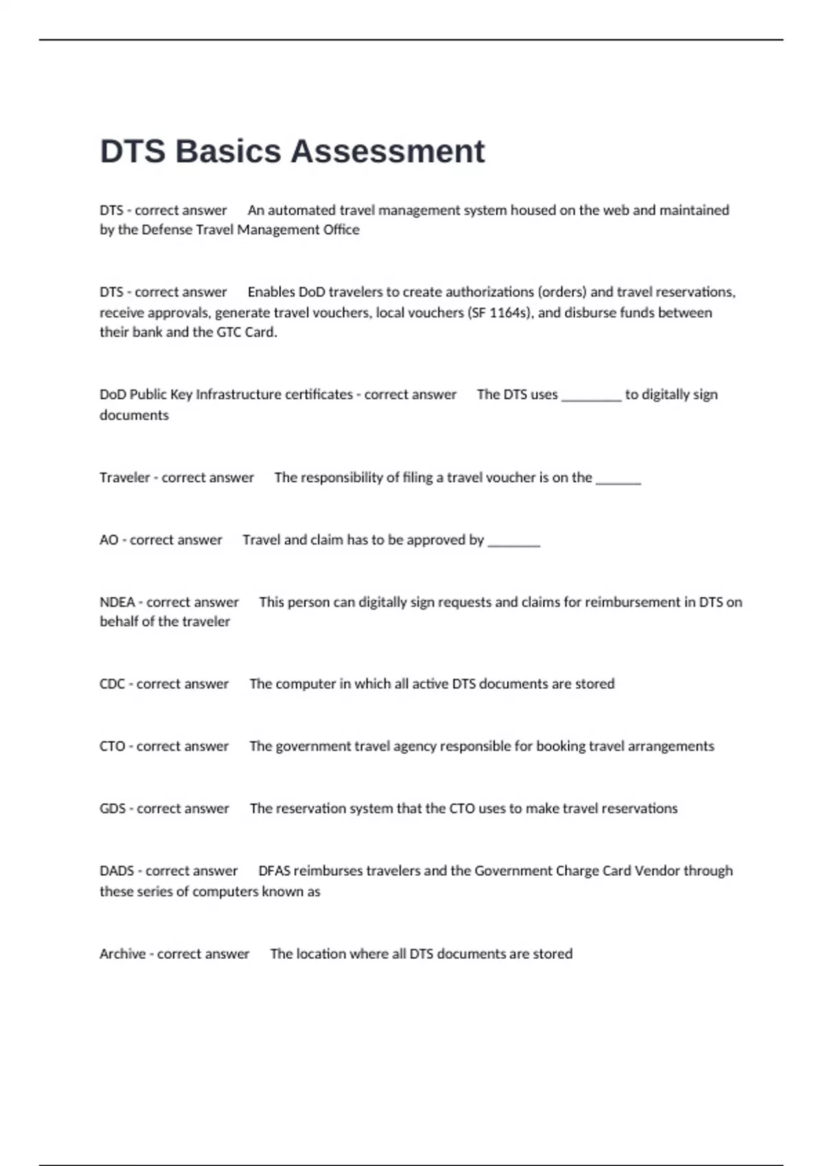 DTS Basics Assessment questions and answers verified solutions graded ...