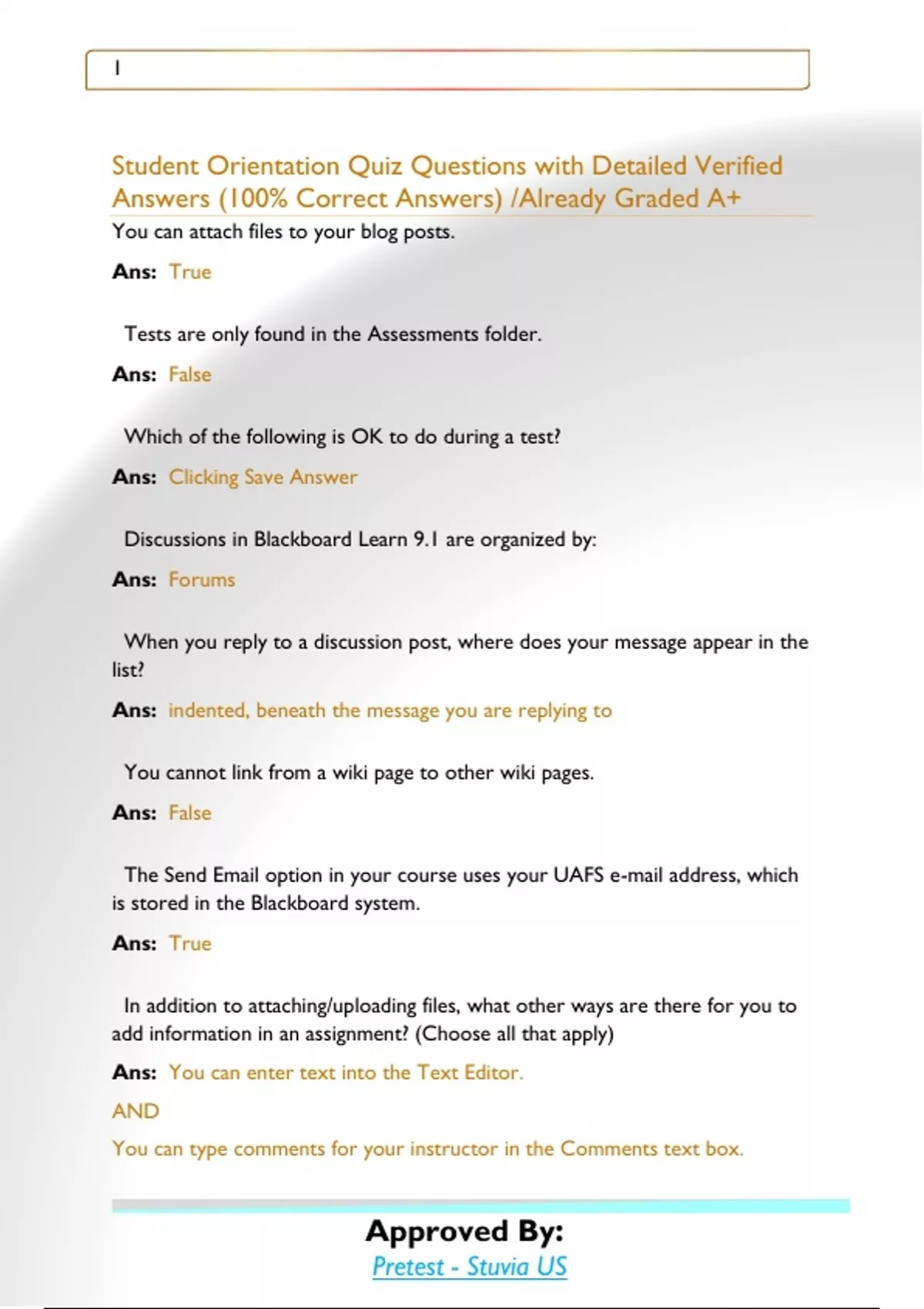 Student Orientation Quiz Questions with Detailed Verified Answers (100% Correct Answers ...