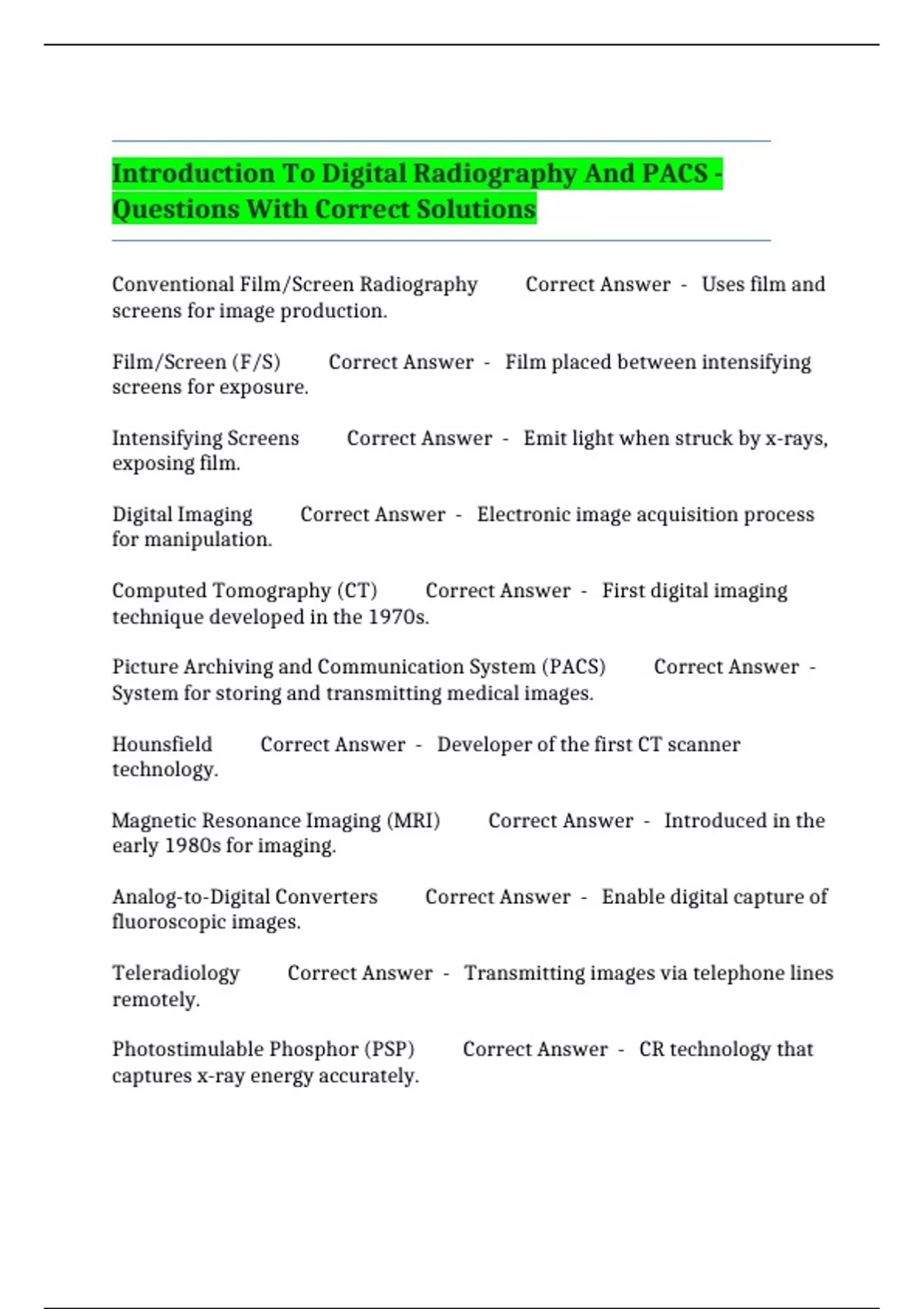 Introduction To Digital Radiography And PACS - Questions With Correct ...