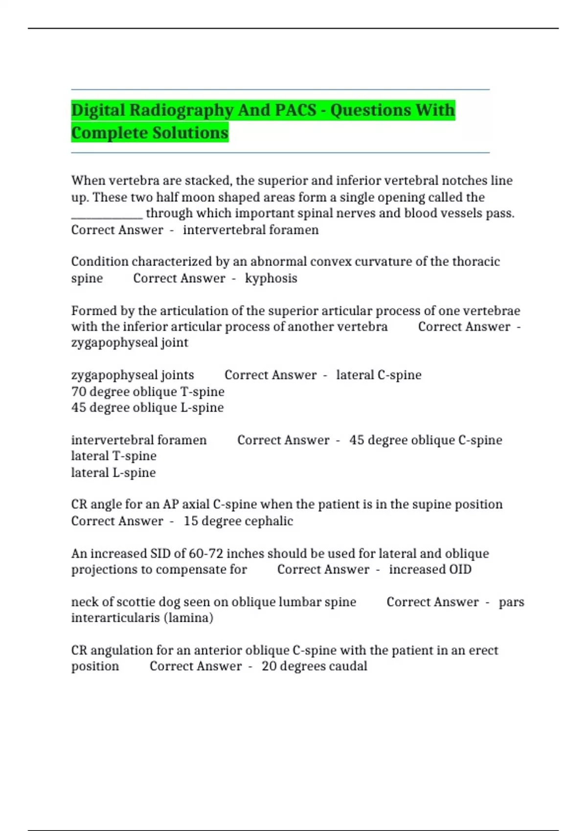 Digital Radiography And PACS - Questions With Complete Solutions ...