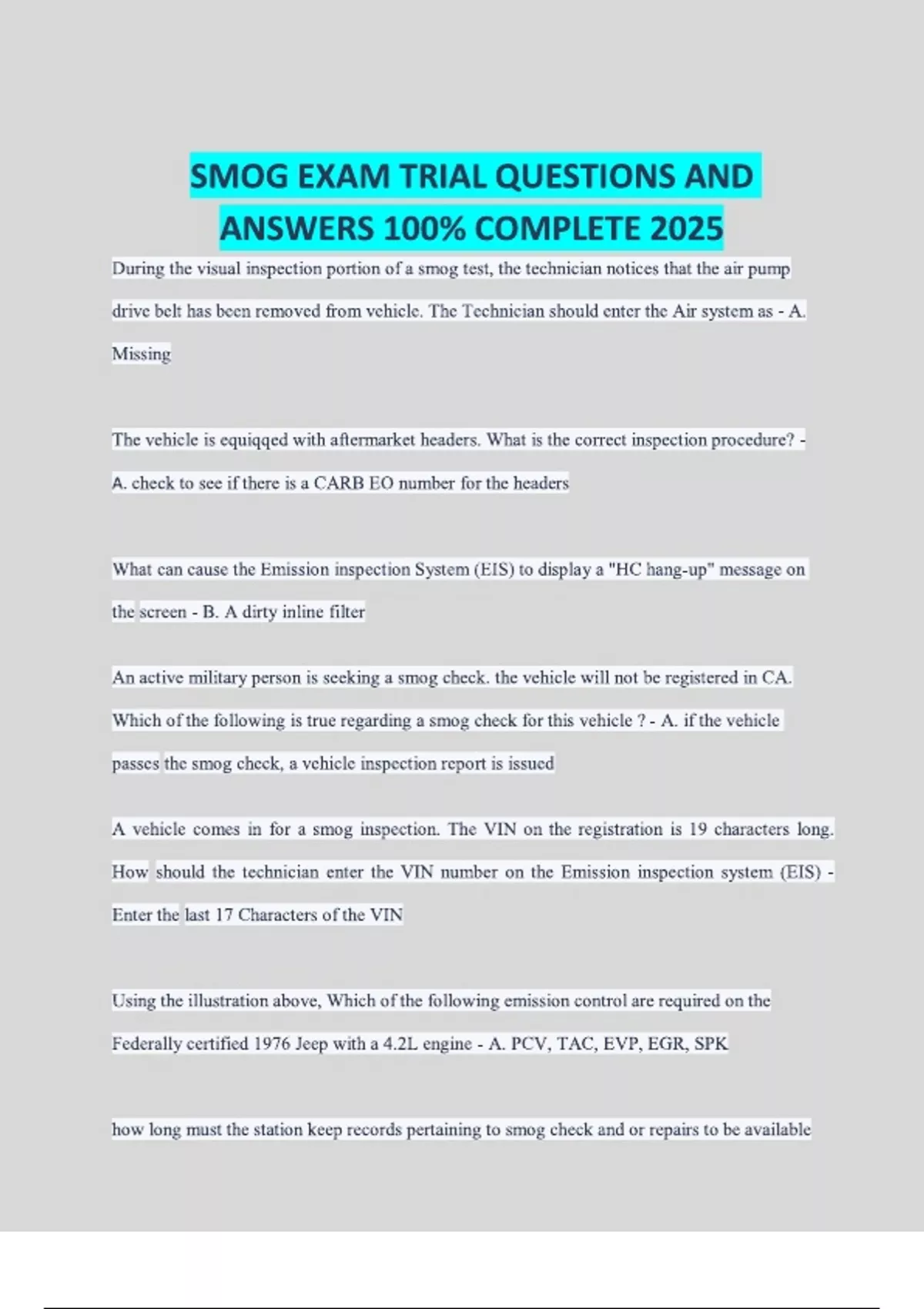 SMOG EXAM TRIAL QUESTIONS AND ANSWERS 100% COMPLETE 2025 - Smog Check ...