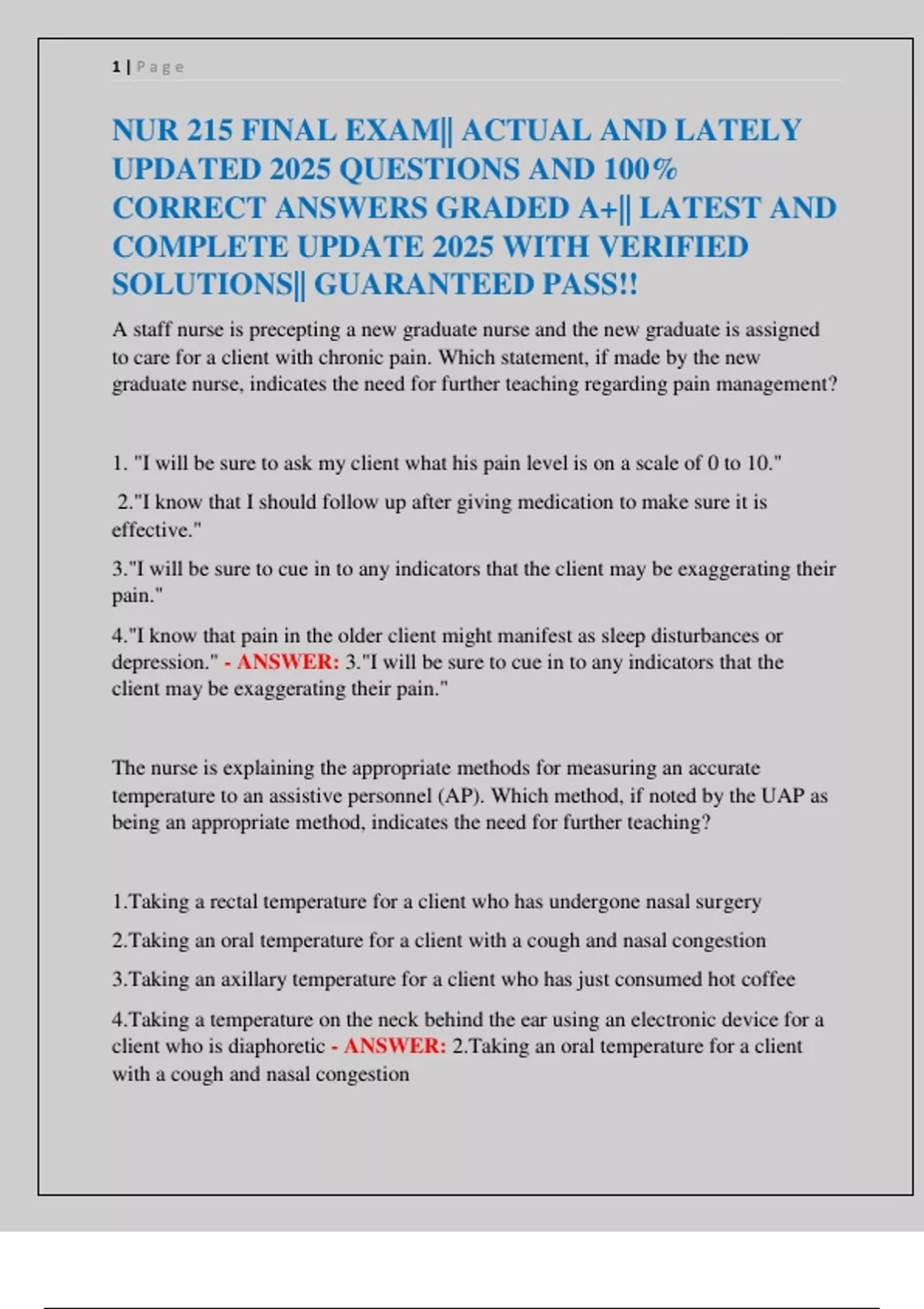 NUR 215 FINAL EXAM|| ACTUAL AND LATELY UPDATED 2025 QUESTIONS AND 100% ...