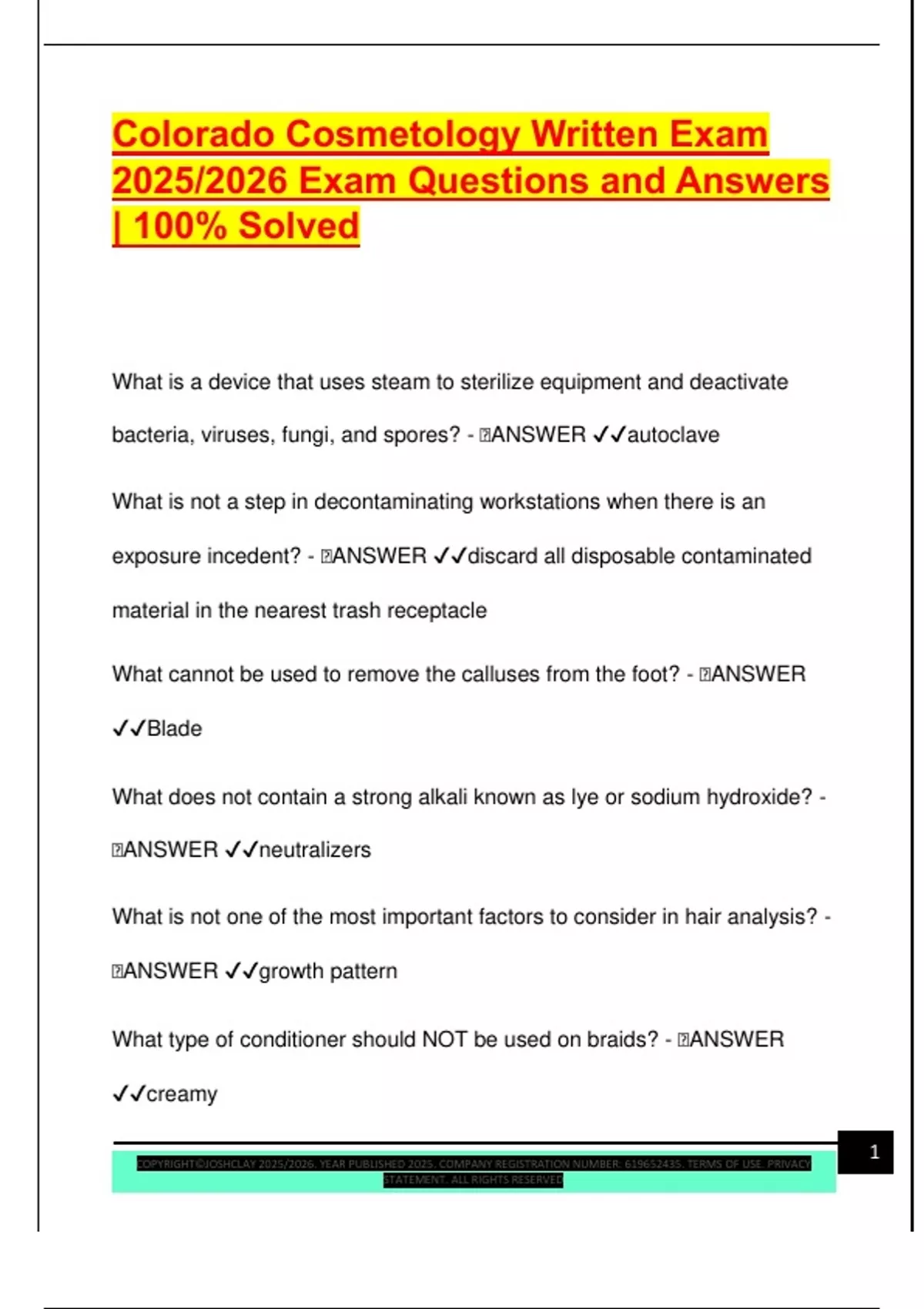 Colorado Cosmetology Written Exam 2025/2026 Exam Questions and Answers ...