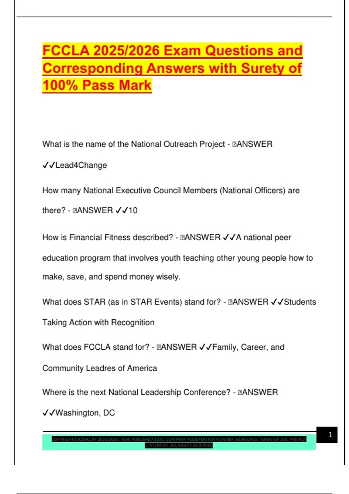 FCCLA 2025/2026 Exam Questions and Corresponding Answers with Surety of ...