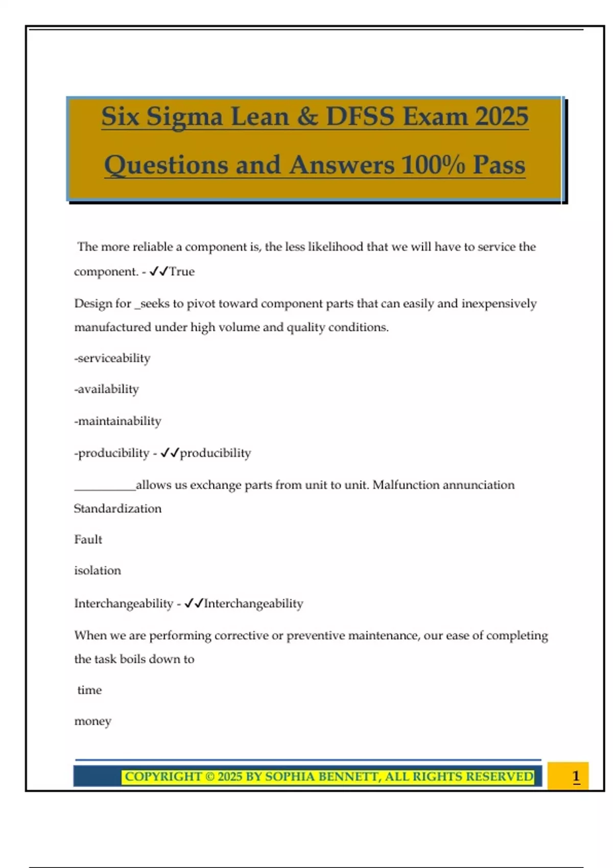 Six Sigma Lean & DFSS Exam 2025 Questions and Answers 100% Pass - Lean ...