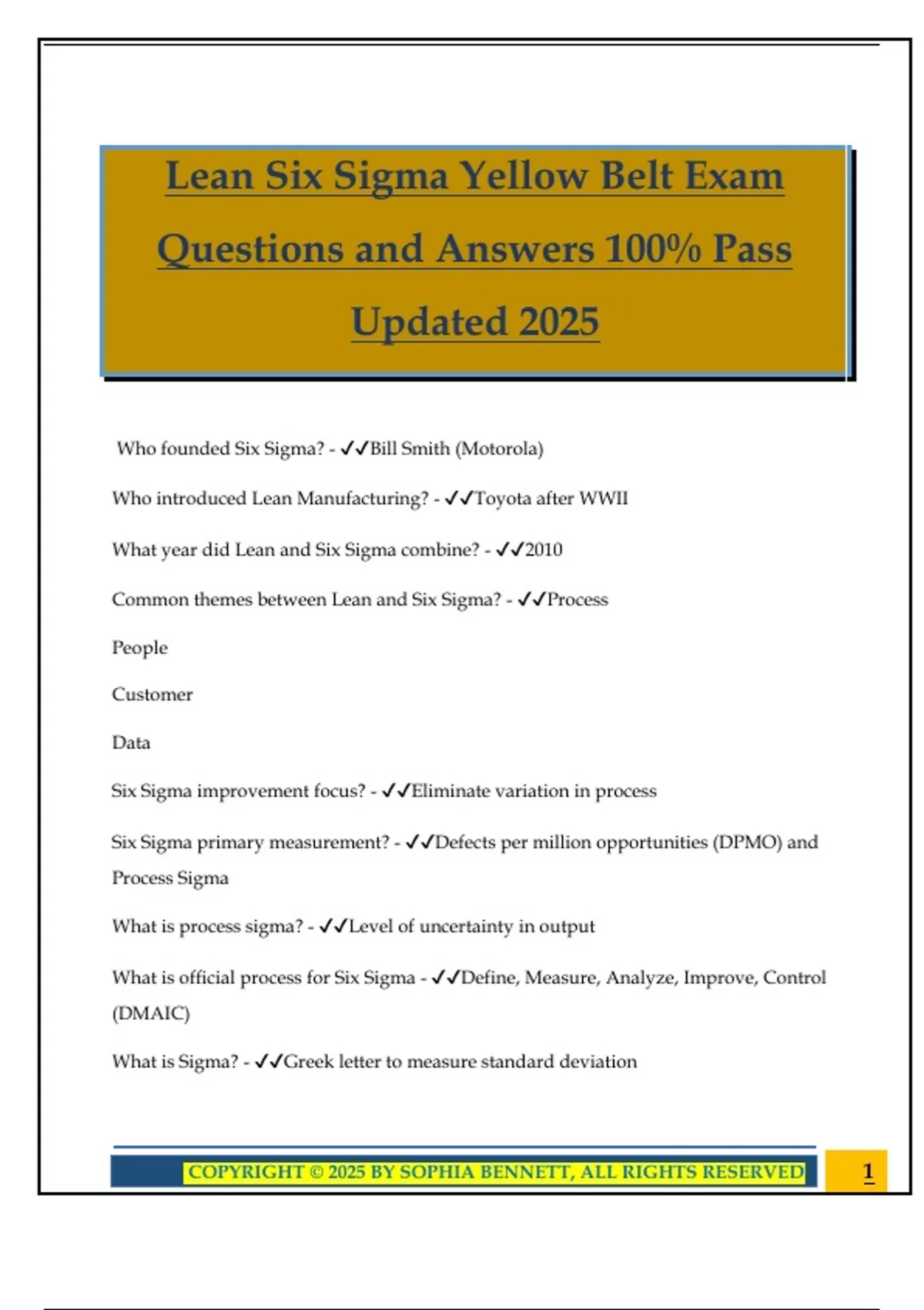 Lean Six Sigma Yellow Belt Exam Questions and Answers 100% Pass Updated ...