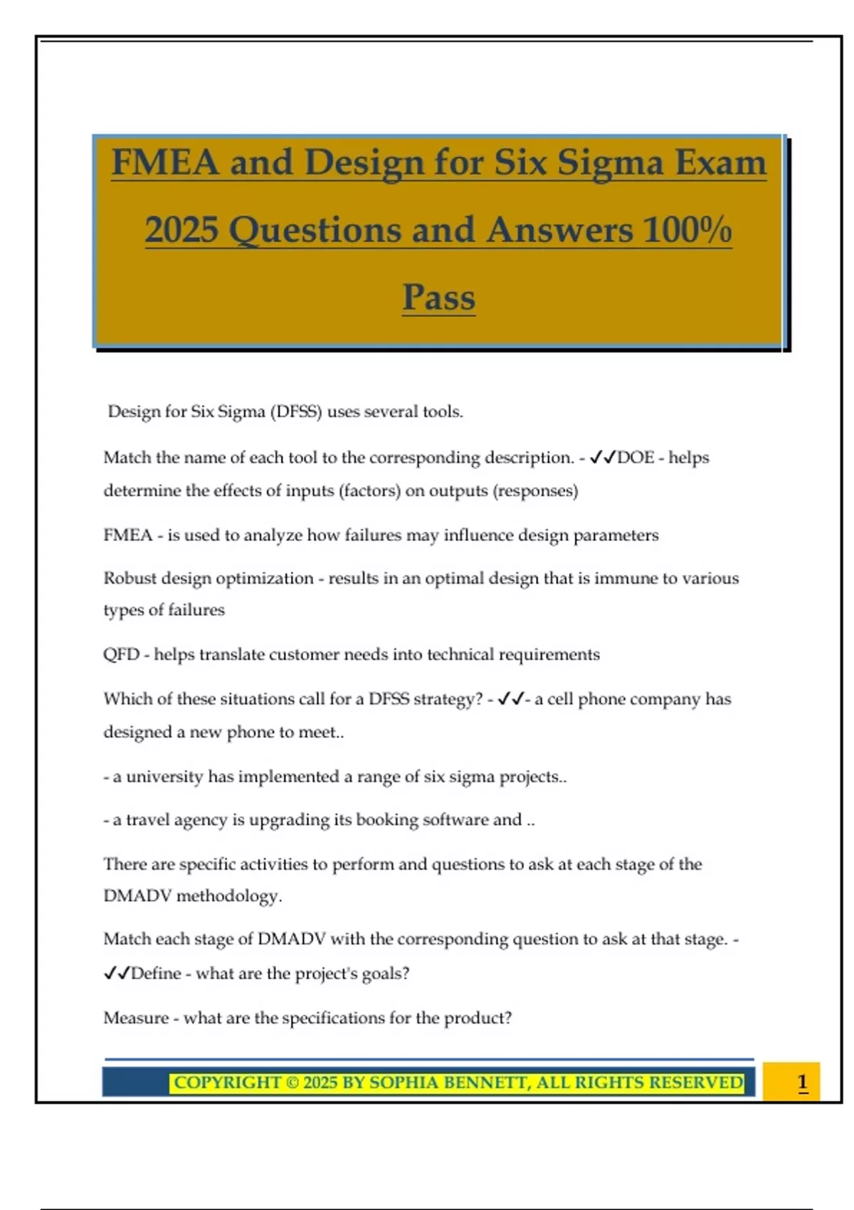 FMEA and Design for Six Sigma Exam 2025 Questions and Answers 100% Pass - Lean Six Sigma Yellow ...