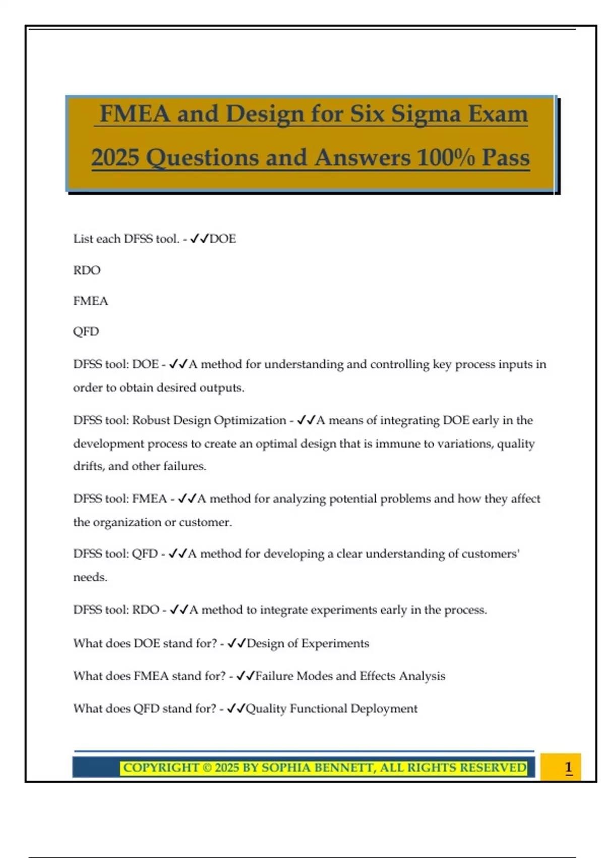 FMEA and Design for Six Sigma Exam 2025 Questions and Answers 100% Pass ...