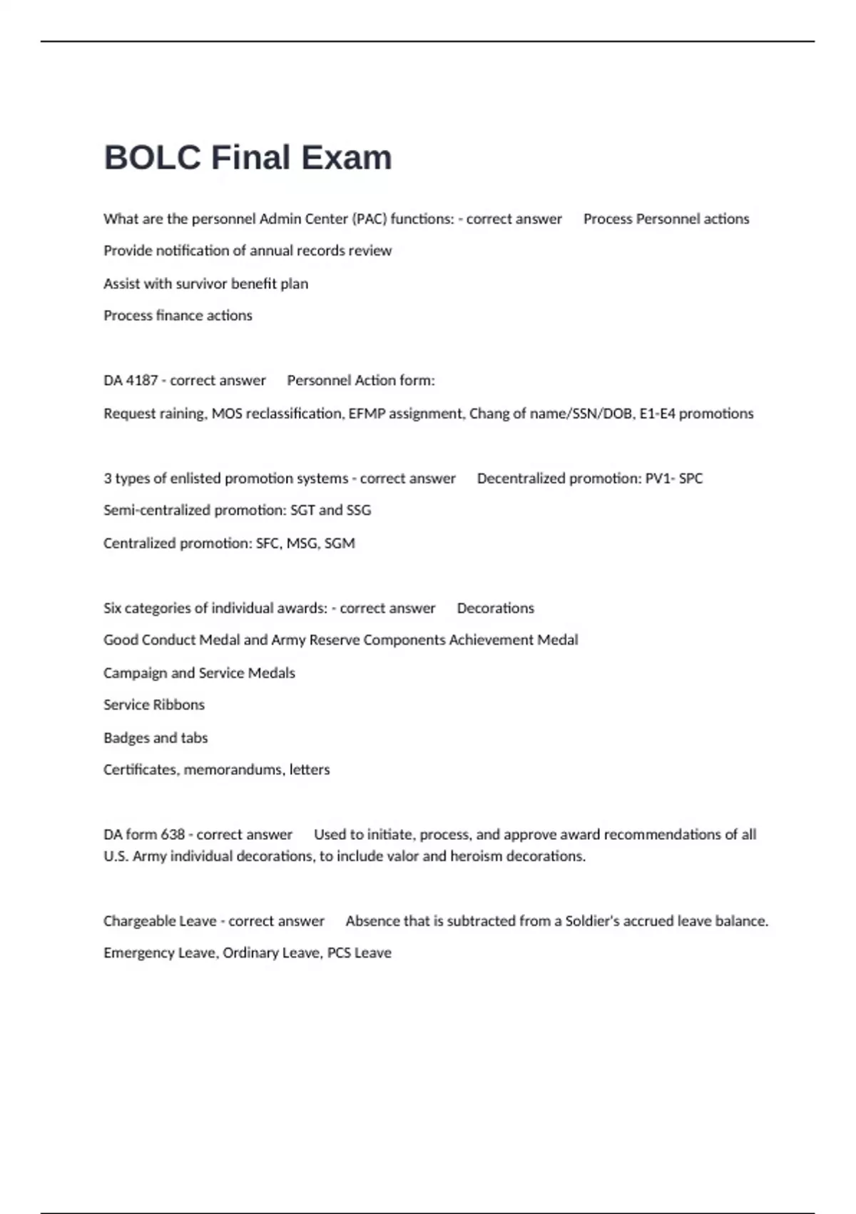 BOLC Final Exam Possible Questions And Answers 100% Accurately Solved ...