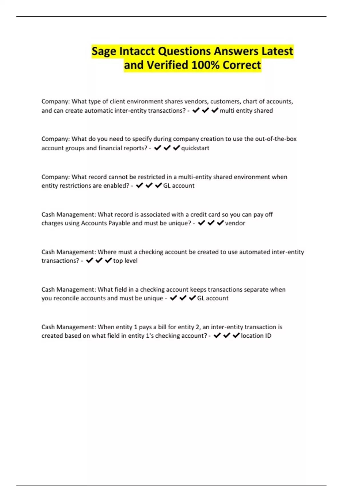 Sage Intacct Questions Answers Latest and Verified 100% Correct - Sage ...