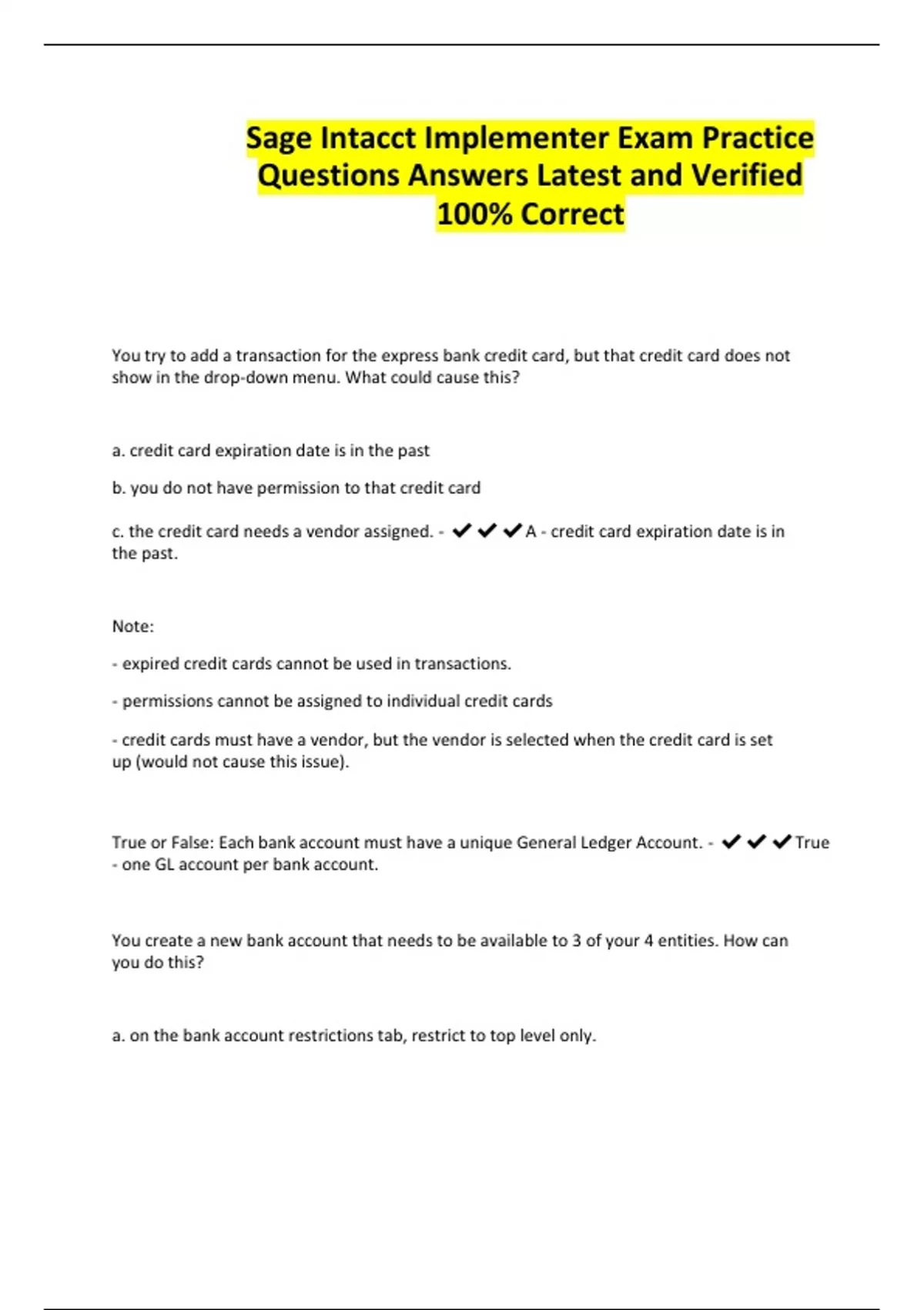 Sage Intacct Implementer Exam Practice Questions Answers Latest and ...