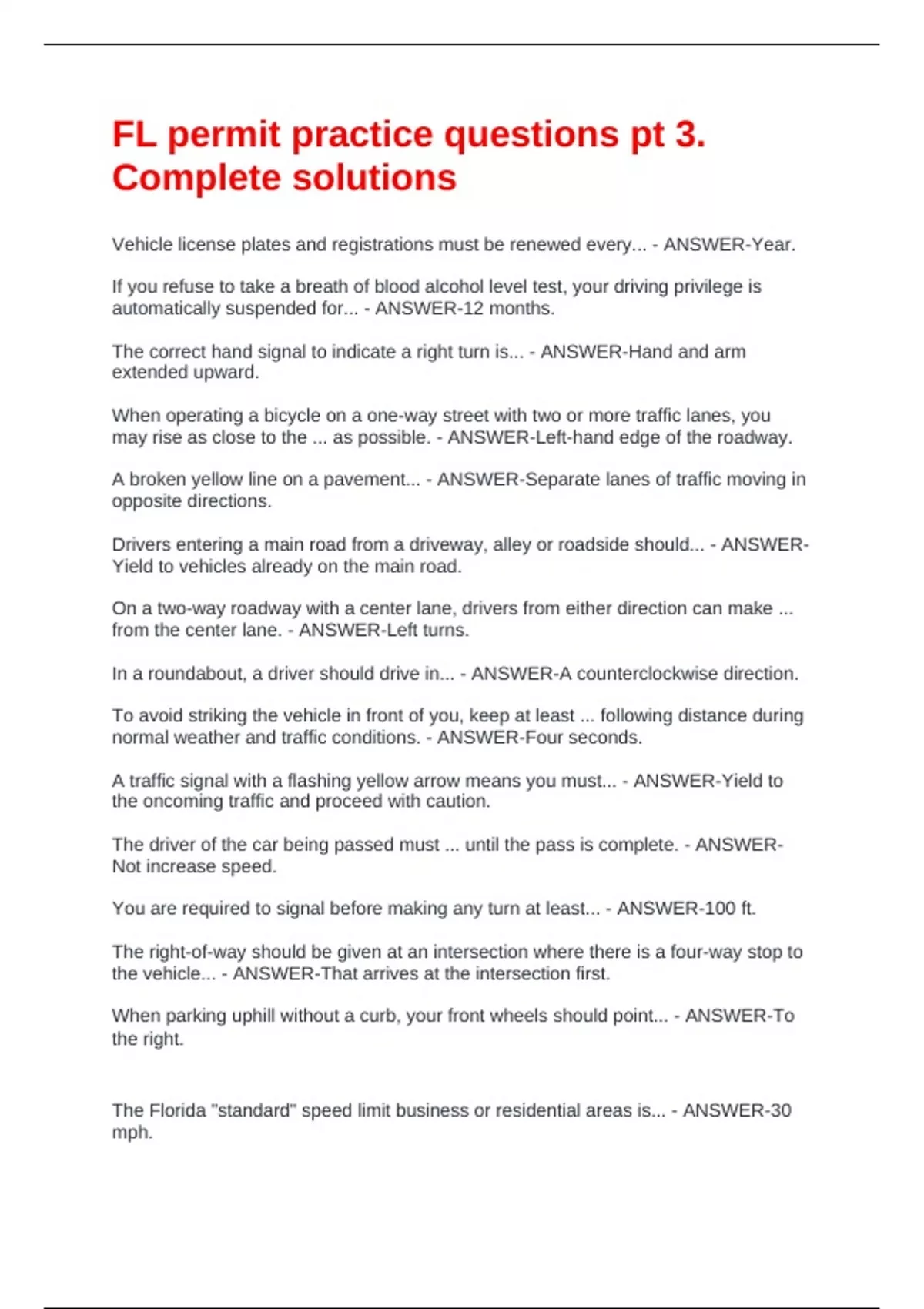 FL permit practice questions pt 3. Complete solutions - Florida Online ...