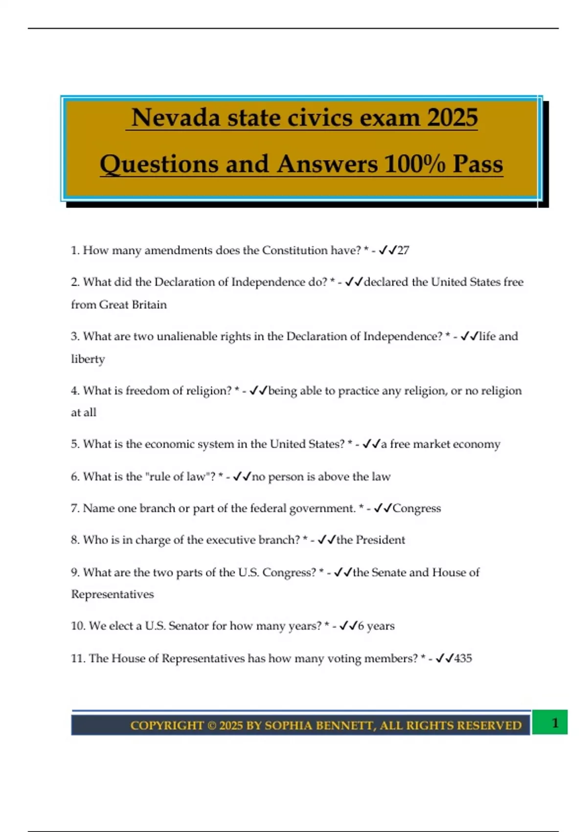 Nevada state civics exam 2025 Questions and Answers 100% Pass - NV Real ...