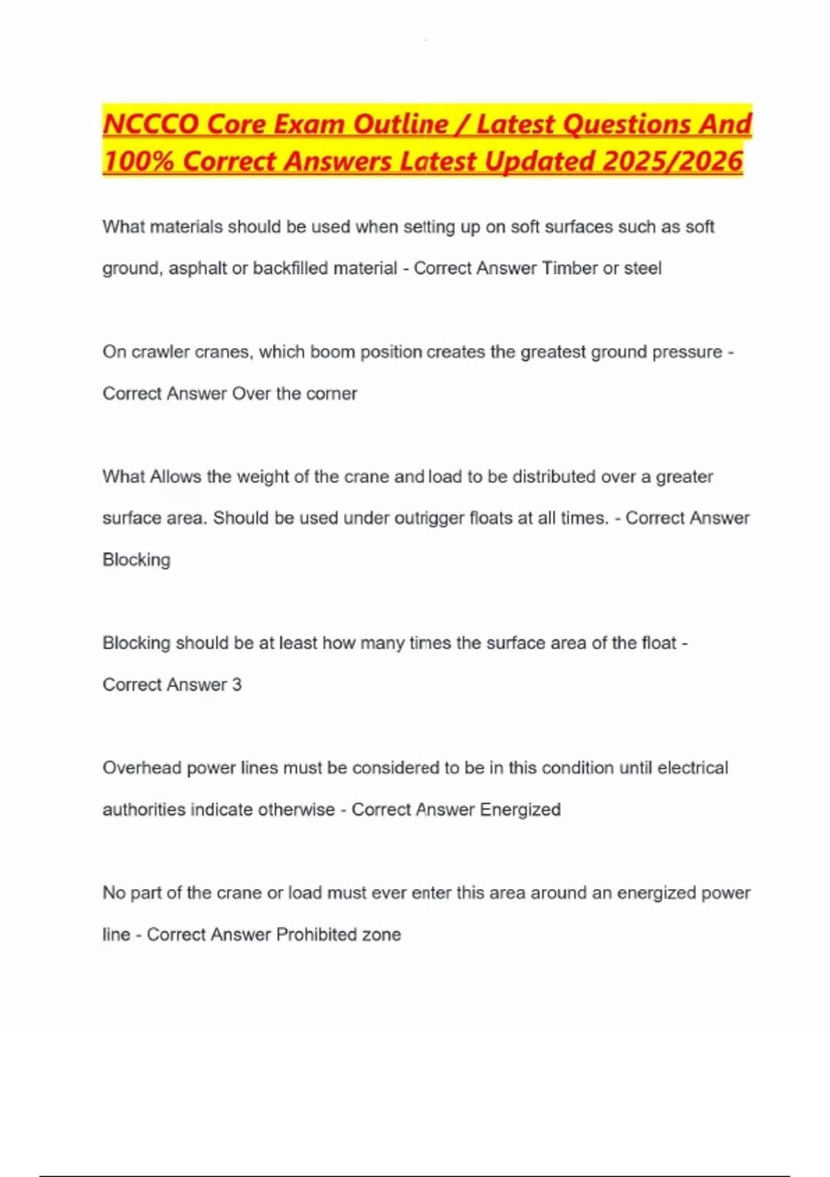 NCCCO Core Exam Outline / Latest Questions And 100% Correct Answers ...