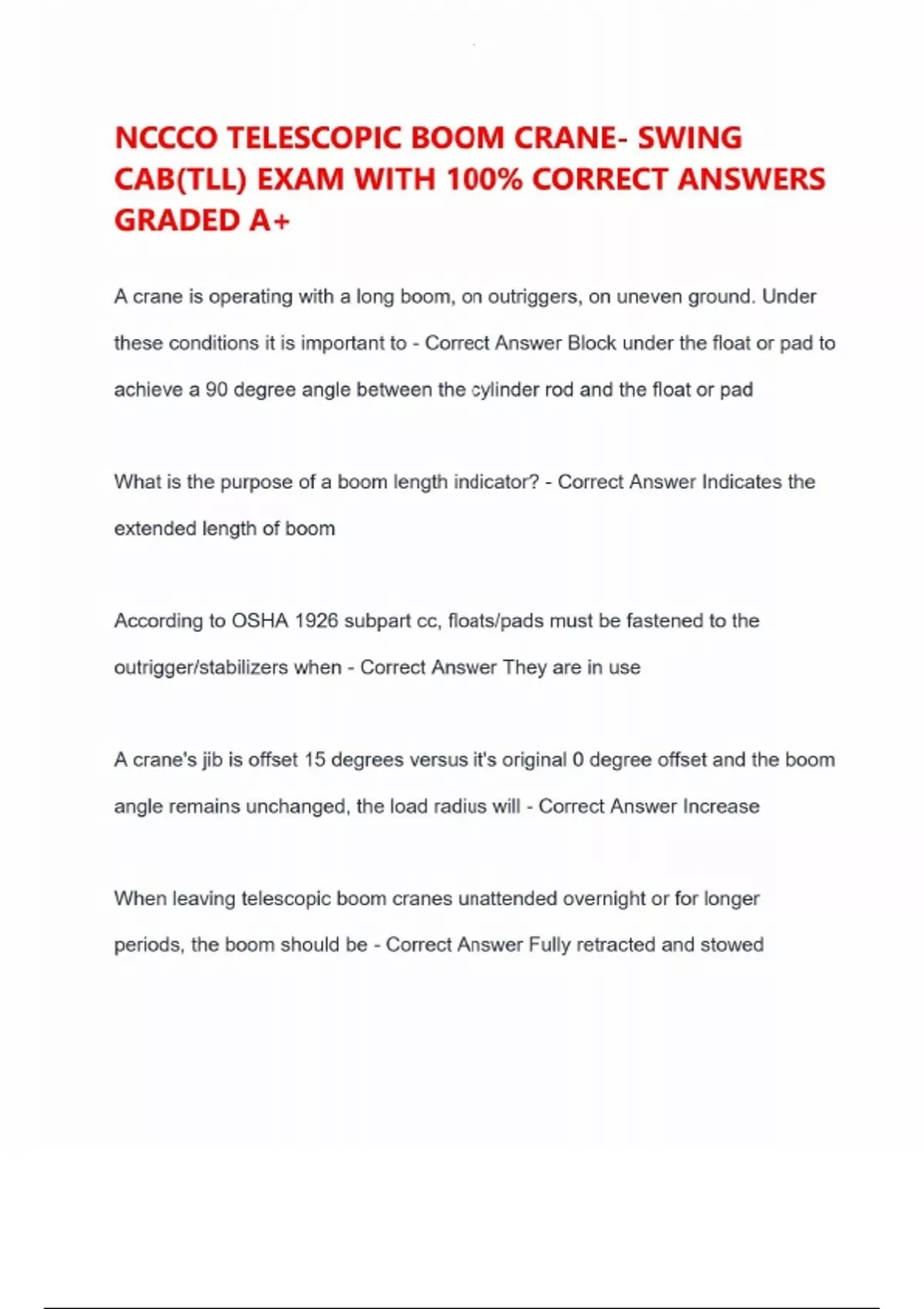 NCCCO TELESCOPIC BOOM CRANE- SWING CAB(TLL) EXAM WITH 100% CORRECT ...