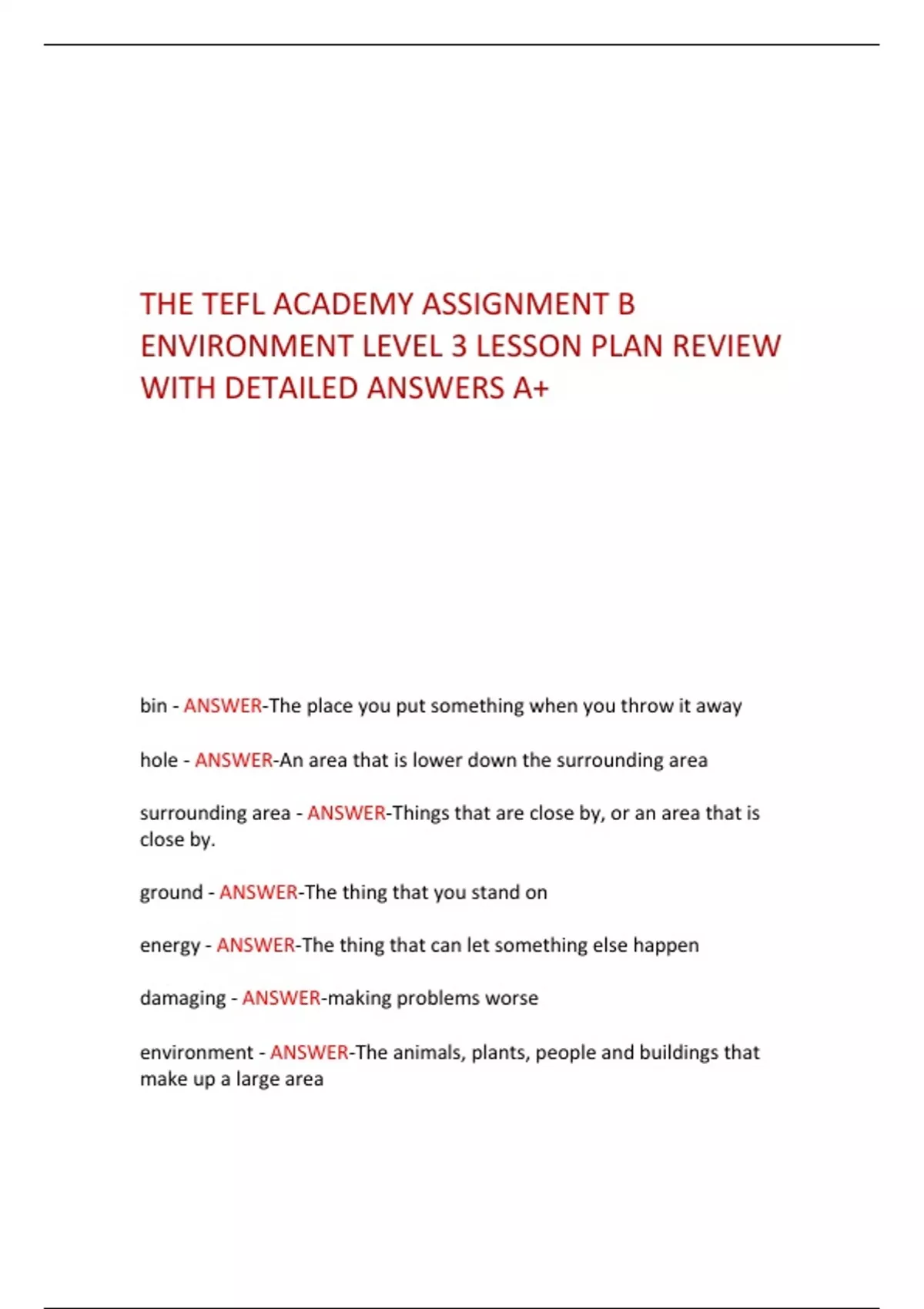THE TEFL ACADEMY ASSIGNMENT B ENVIRONMENT LEVEL 3 LESSON PLAN REVIEW ...