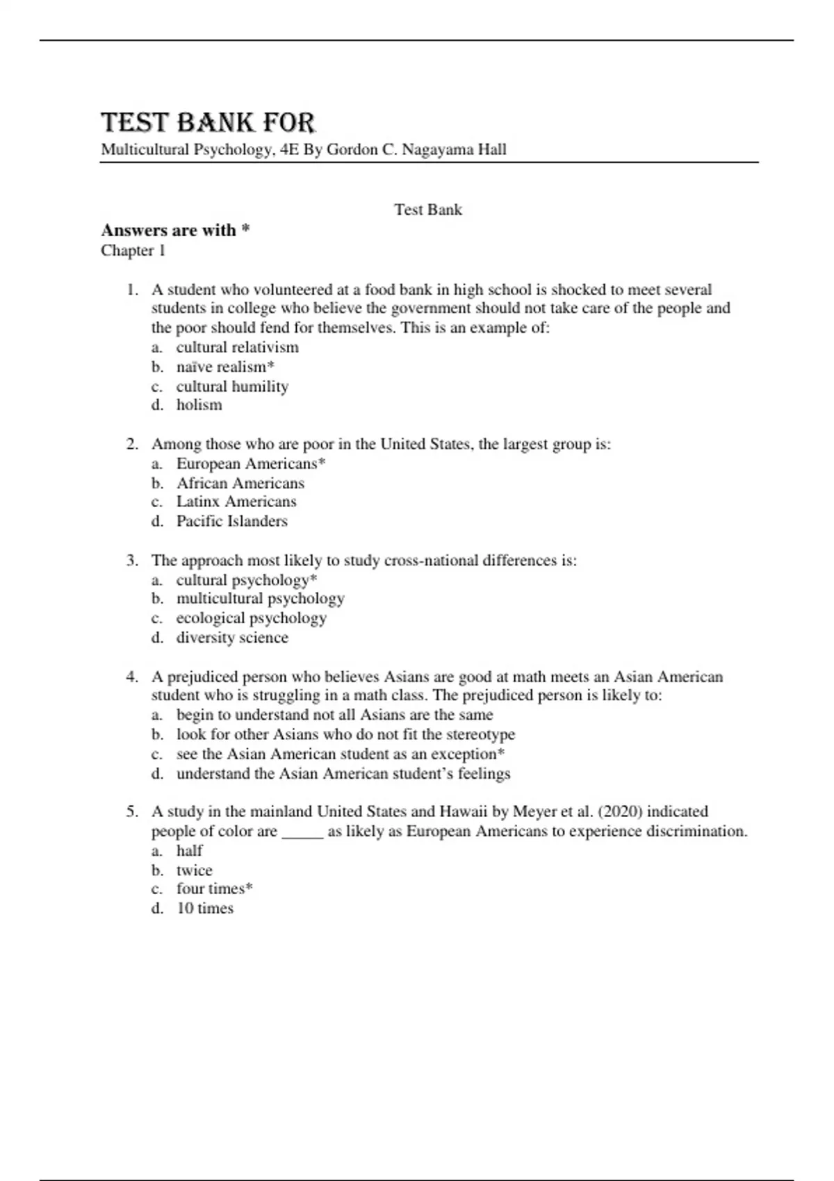 Test Bank For Multicultural Psychology, 4th Edition By Gordon C ...