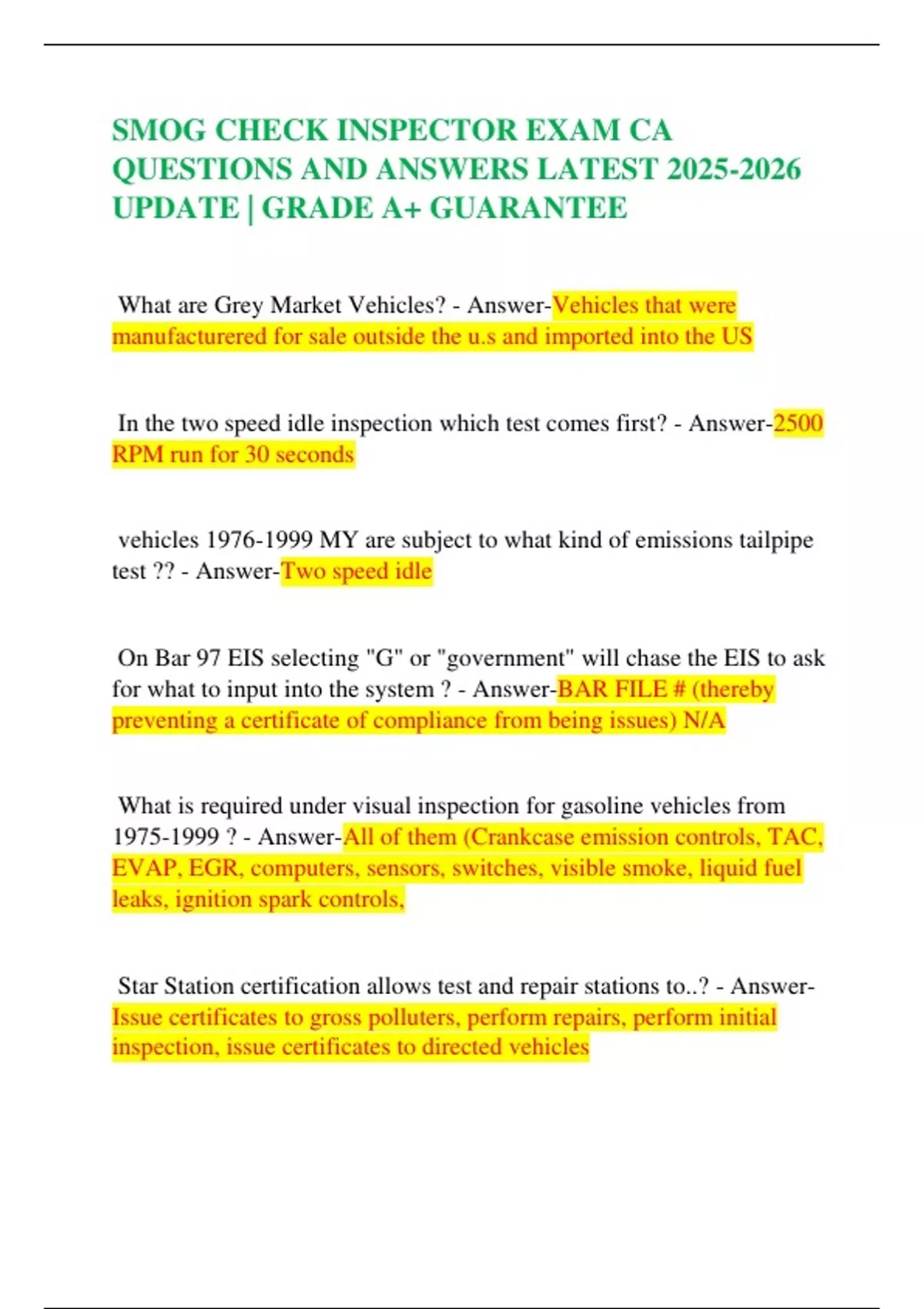 SMOG CHECK INSPECTOR EXAM CA QUESTIONS AND ANSWERS LATEST UPDATE ...