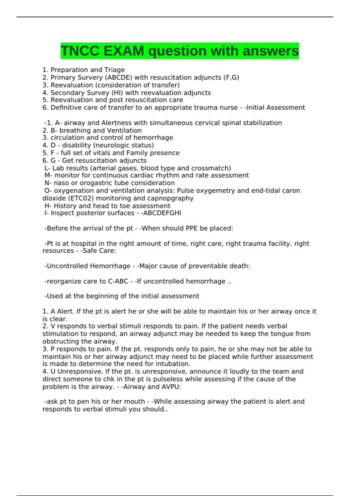 TNCC EXAM question with answers - TNCC - Stuvia US