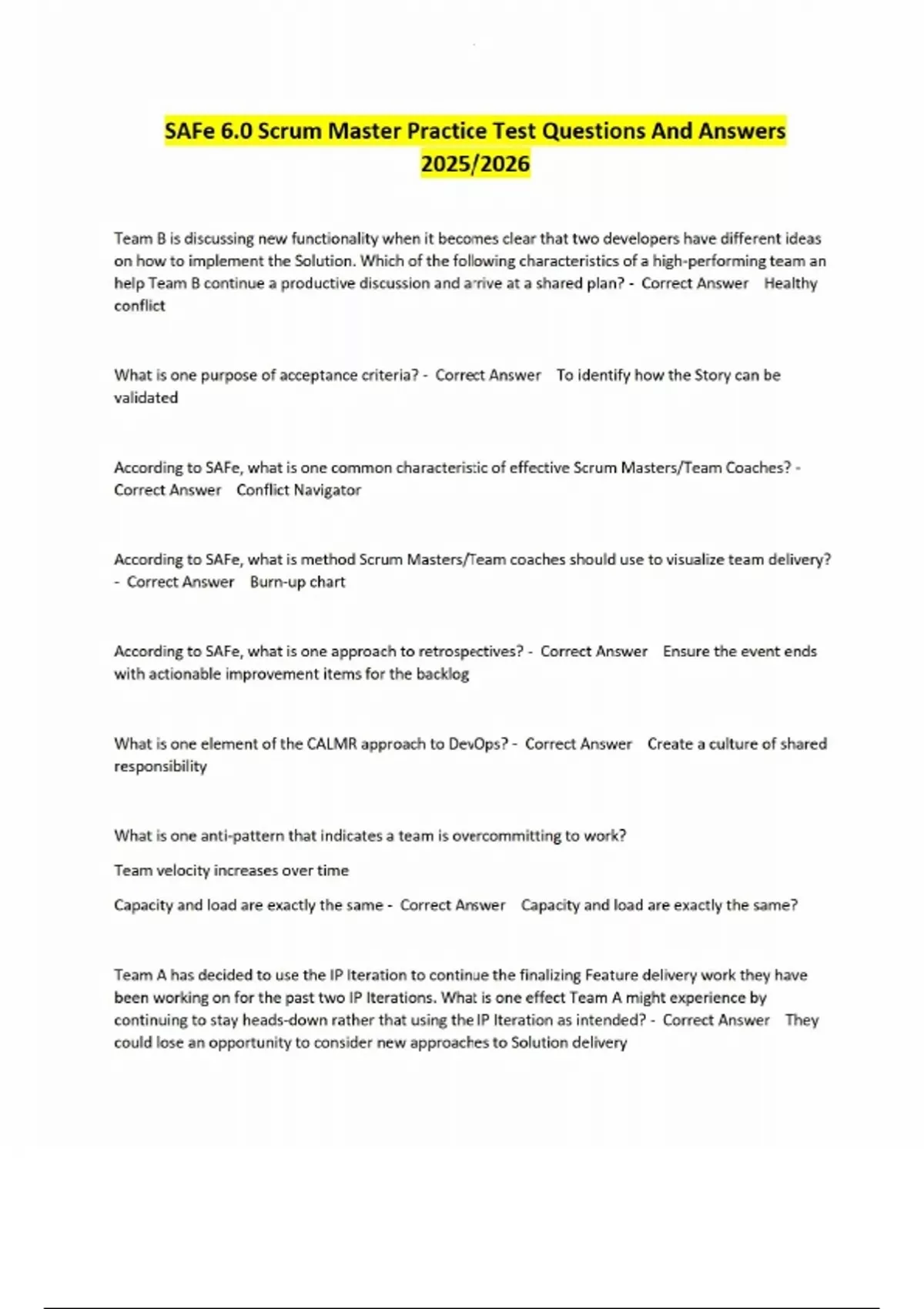 Safe 6 0 Scrum Master Practice Test Questions And Answers 2025 2026 Safe 6 0 Scrum Master