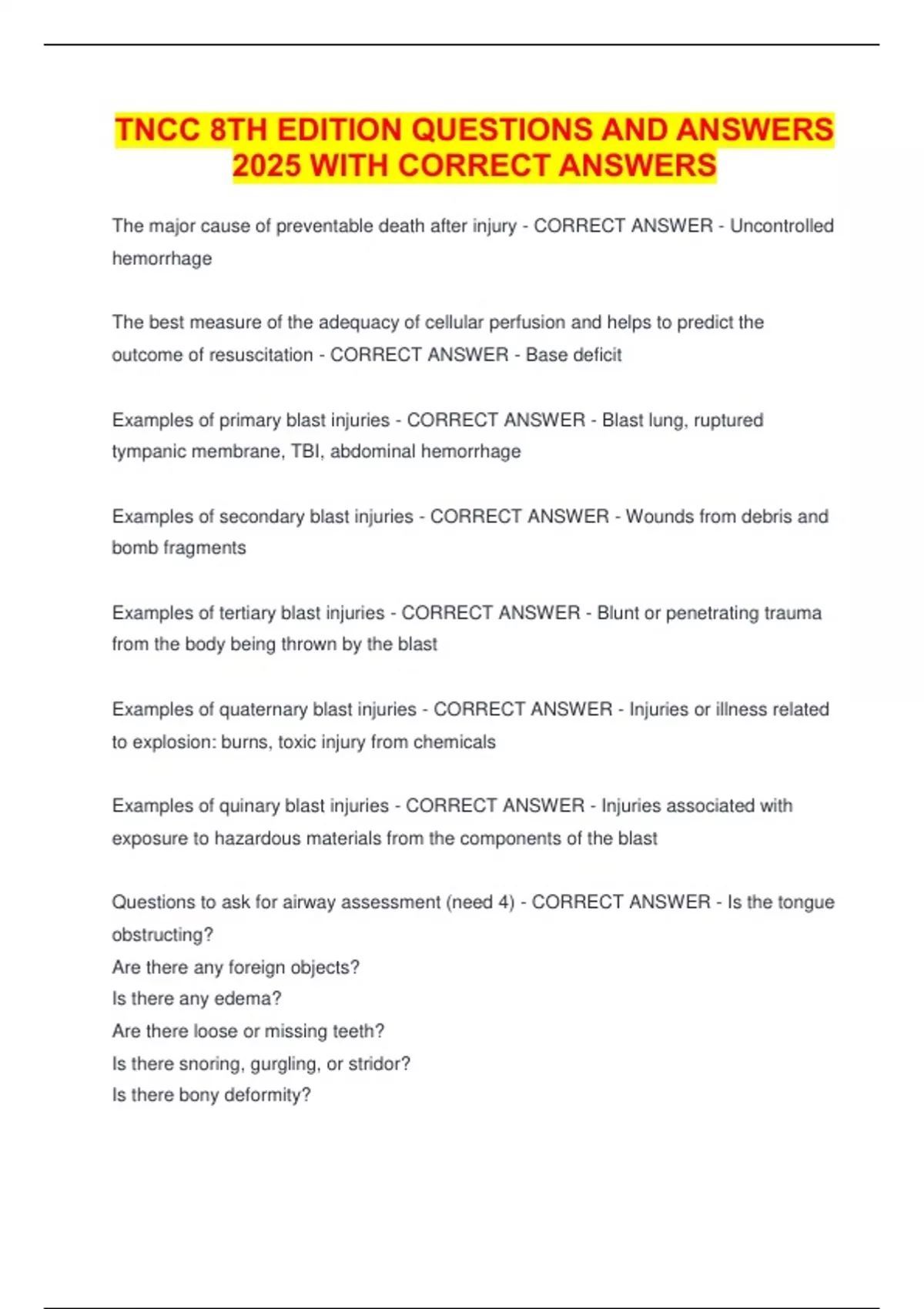 TNCC 8TH EDITION QUESTIONS AND ANSWERS 2025 WITH CORRECT ANSWERS - TNCC 8TH EDITION - Stuvia US