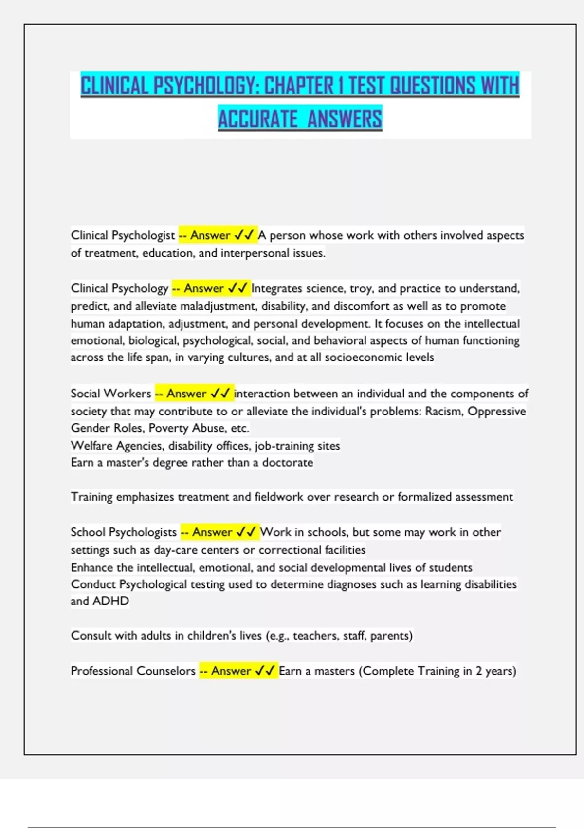 CLINICAL PSYCHOLOGY CHAPTER 1 TEST QUESTIONS WITH ACCURATE ANSWERS ...