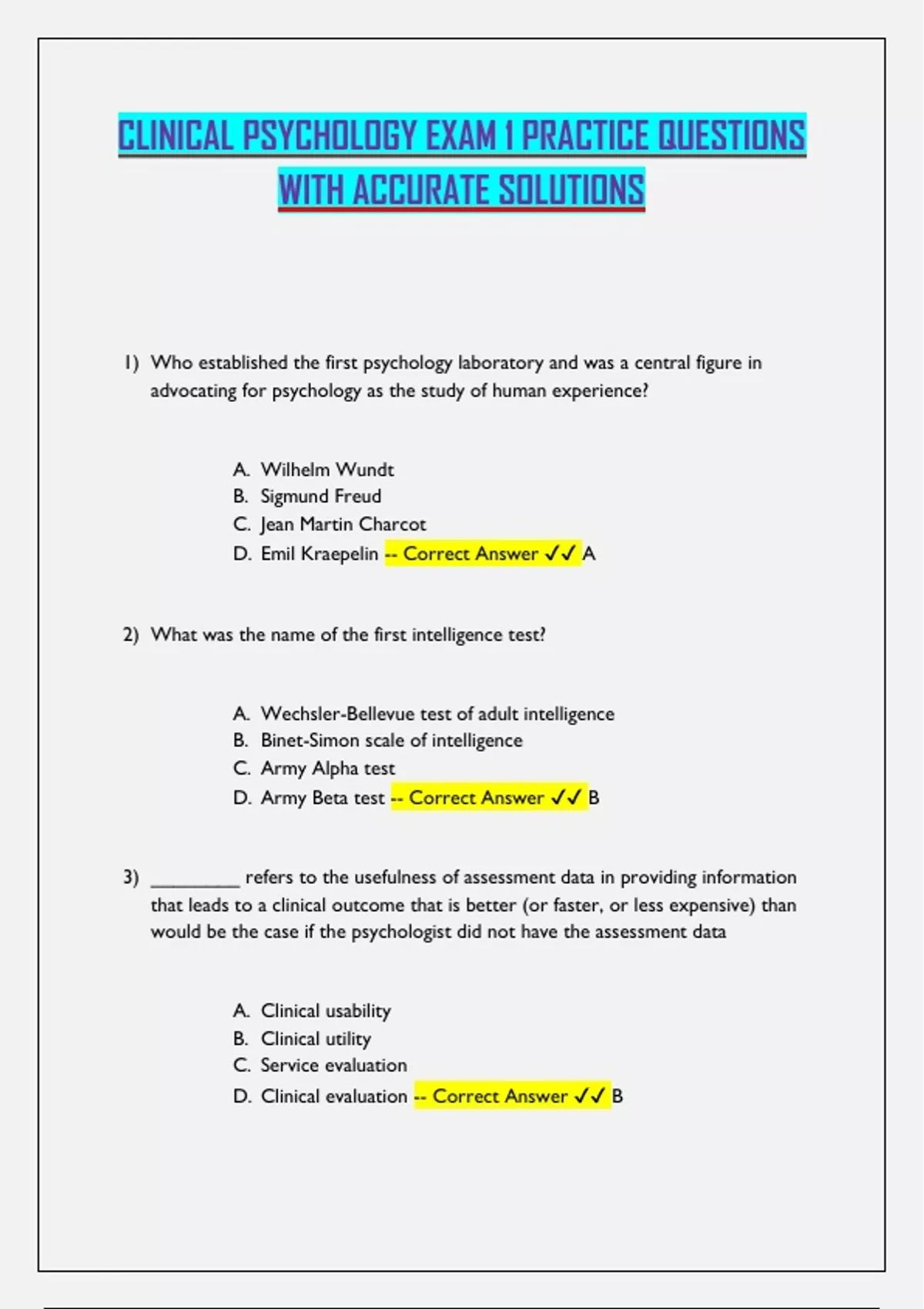 CLINICAL PSYCHOLOGY EXAM 1 PRACTICE QUESTIONS WITH ACCURATE SOLUTIONS ...