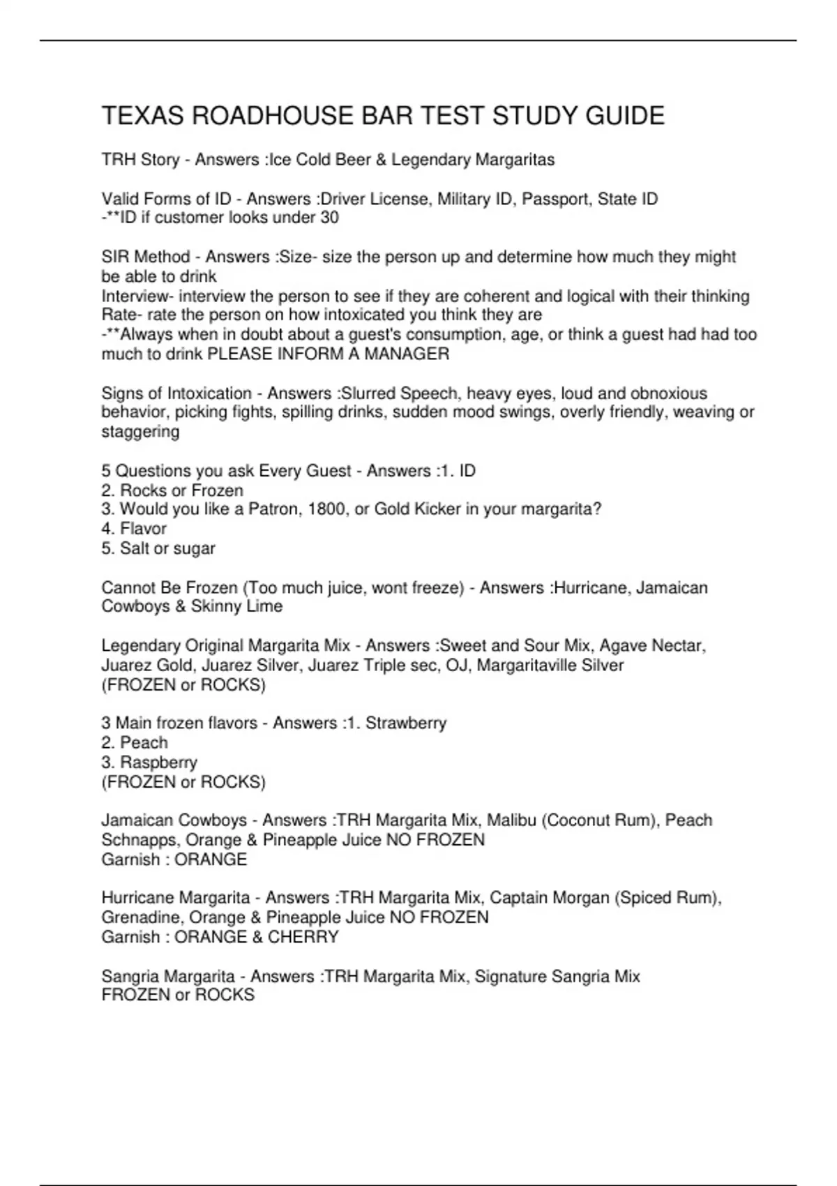 TEXAS ROADHOUSE BAR TEST STUDY GUIDE - TEXAS ROADHOUSE BAR - Stuvia US