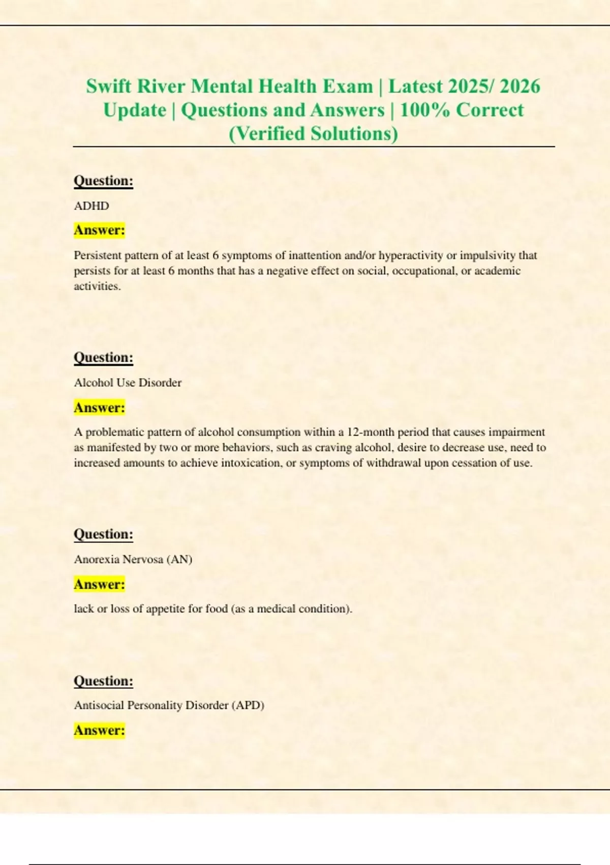 Swift River Mental Health Exam | Latest 2025/ 2026 Update | Questions ...