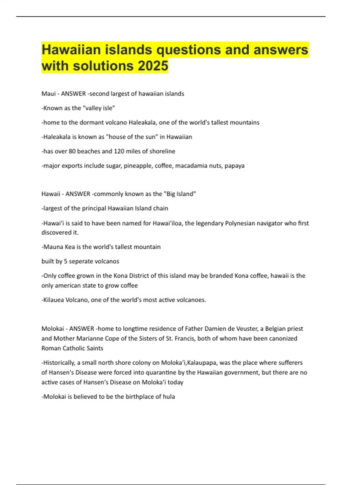 Hawaiian islands questions and answers with solutions 2025 - Eiws ...