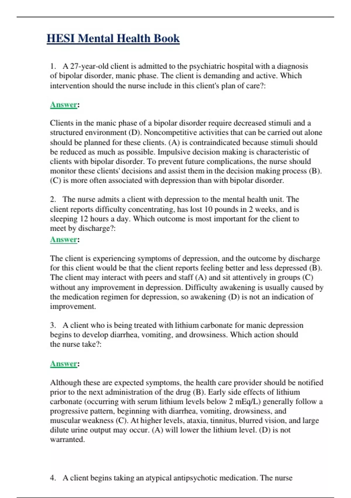 HESI MENTAL HEALTH BOOK ( UPDATED 2025 ) | QUESTIONS WITH 100% VERIFIED ...